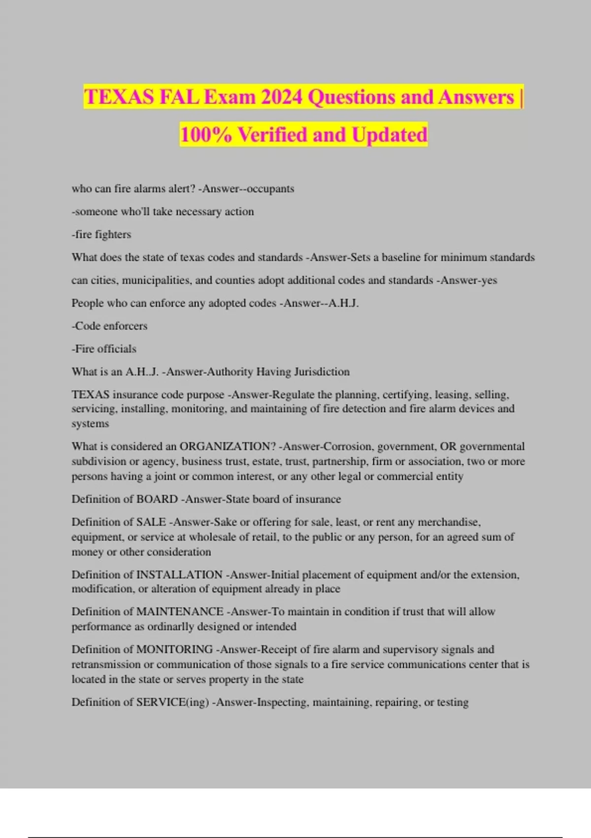 TEXAS FAL Exam 2024 Questions and Answers | 100% Verified and Updated ...