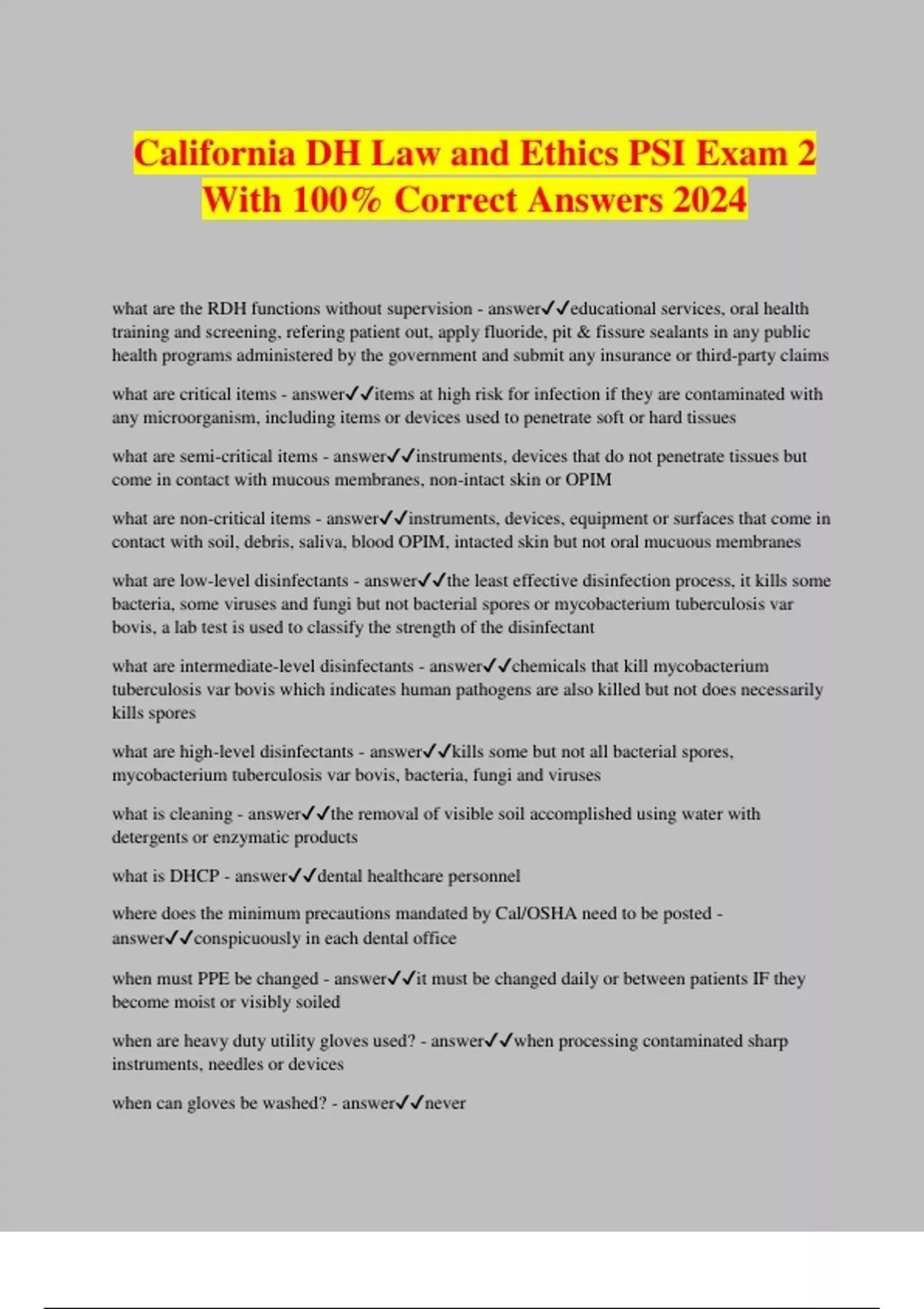 California DH Law and Ethics PSI Exam 2 With 100% Correct Answers 2024 ...