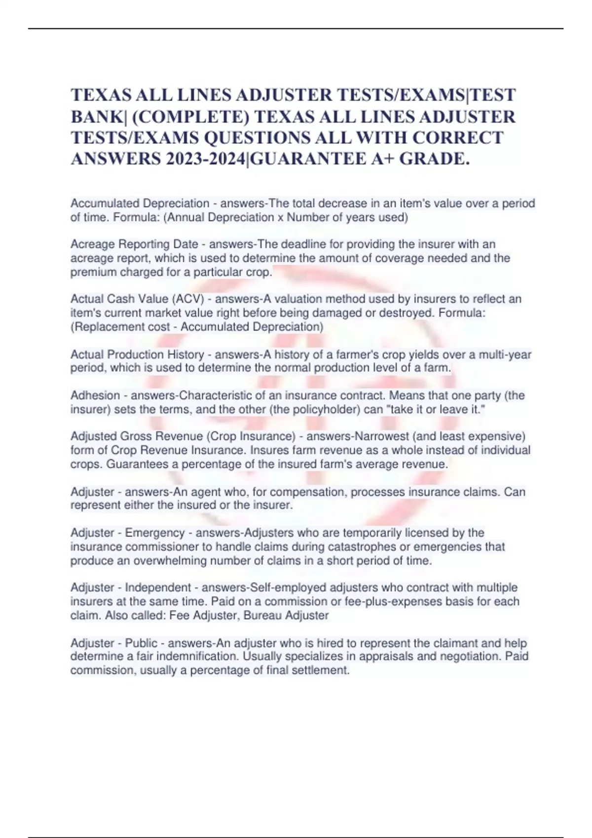 TEXAS ALL LINES ADJUSTER TESTS/EXAMS|TEST BANK| (COMPLETE) TEXAS ALL ...