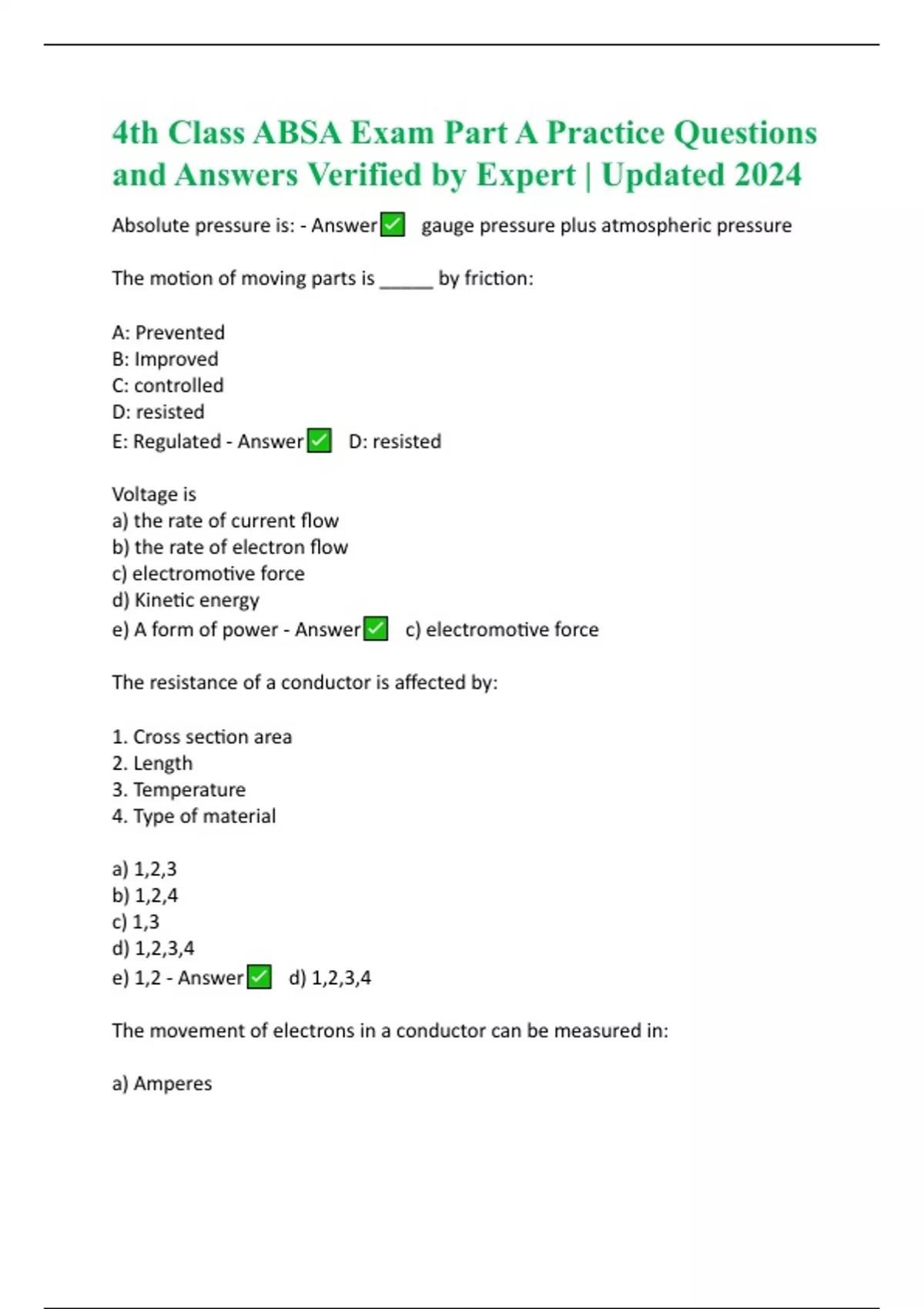 4th Class ABSA Exam Part A Practice Questions and Answers Verified by ...