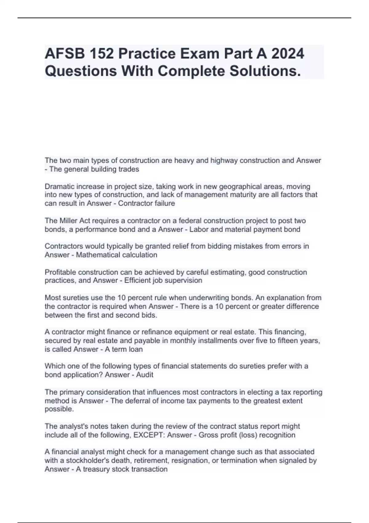 AFSB 152 Practice Exam Part A 2024 Questions With Complete Solutions ...