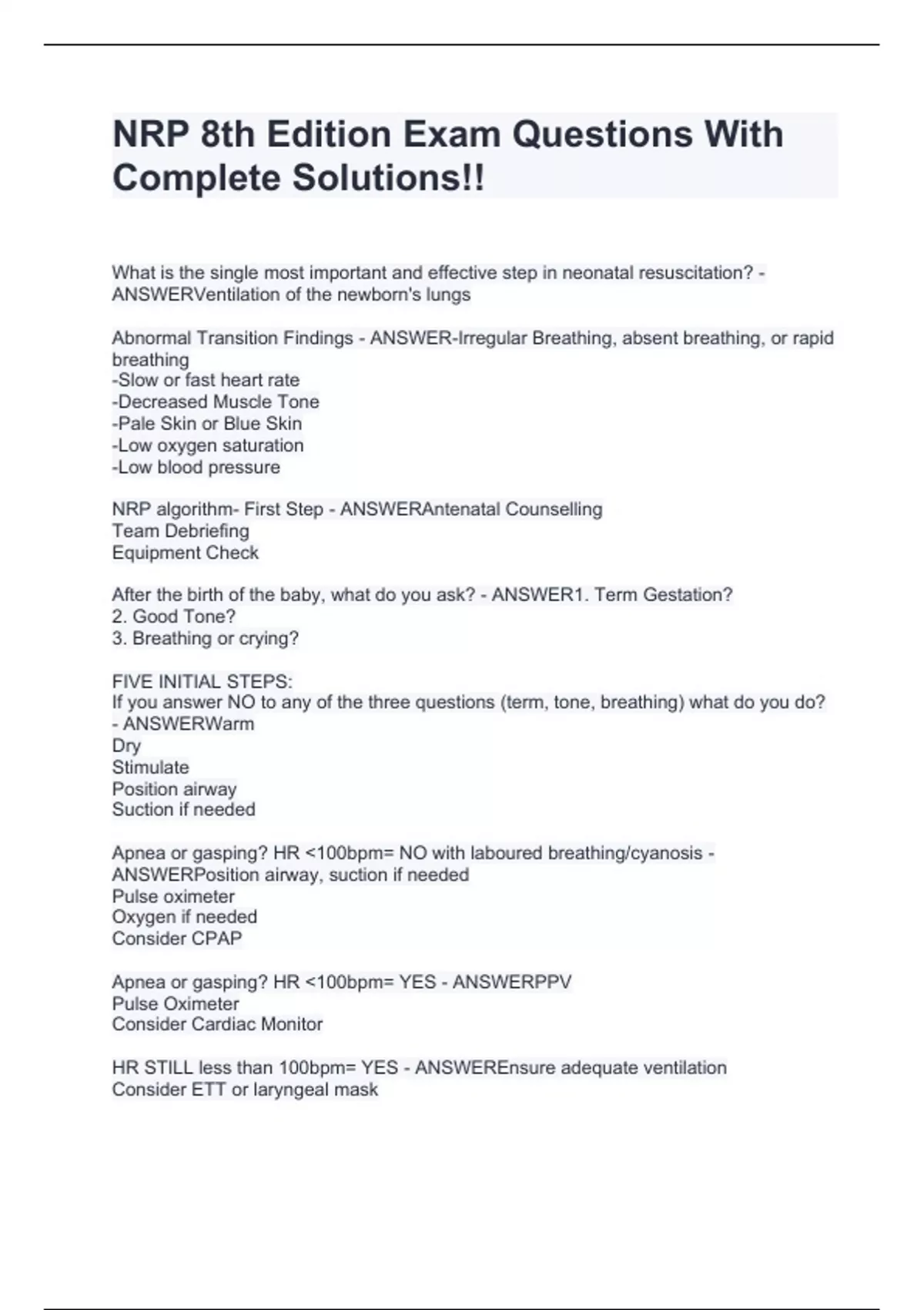 NRP 8th Edition Exam Questions With Complete Solutions!! - NRP 8th Edition - Stuvia US