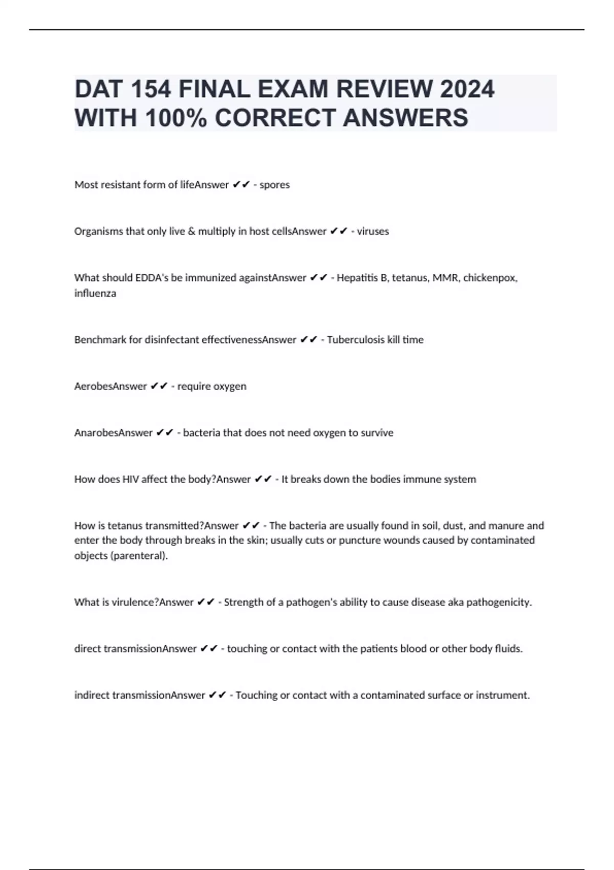 DAT 154 FINAL EXAM REVIEW 2024 WITH 100% CORRECT ANSWERS - DAT - Stuvia US