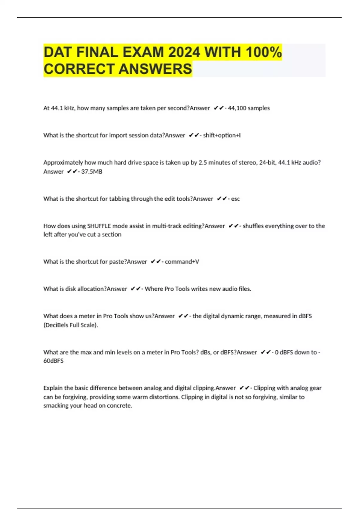 DAT FINAL EXAM 2024 WITH 100% CORRECT ANSWERS - DAT - Stuvia US