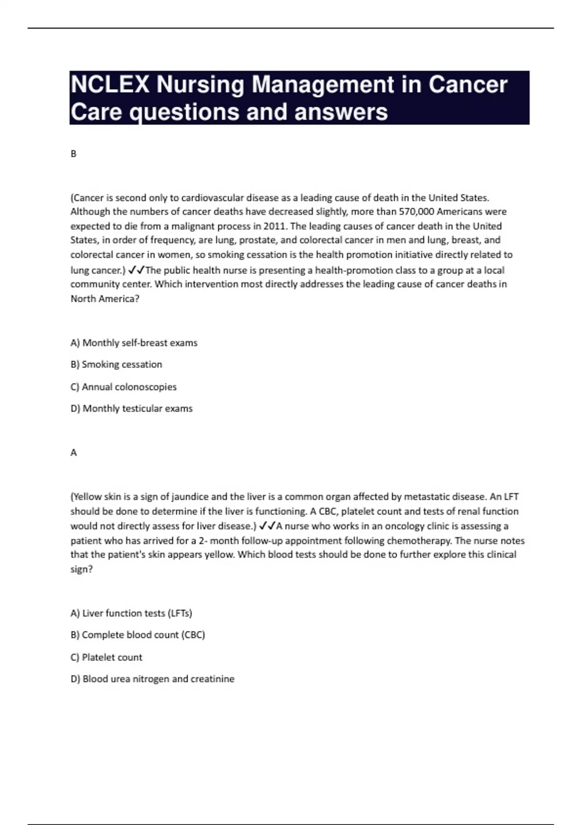 NCLEX Nursing Management in Cancer Care questions and answers - NCLEX ...