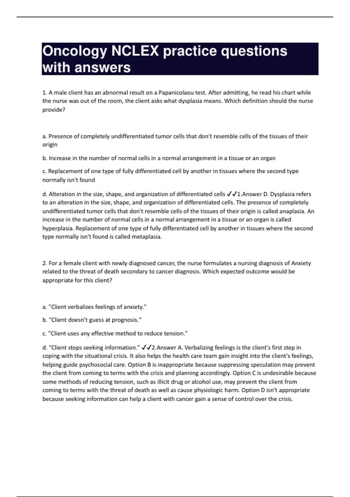 Oncology NCLEX practice questions with answers - NCLEX - Stuvia US
