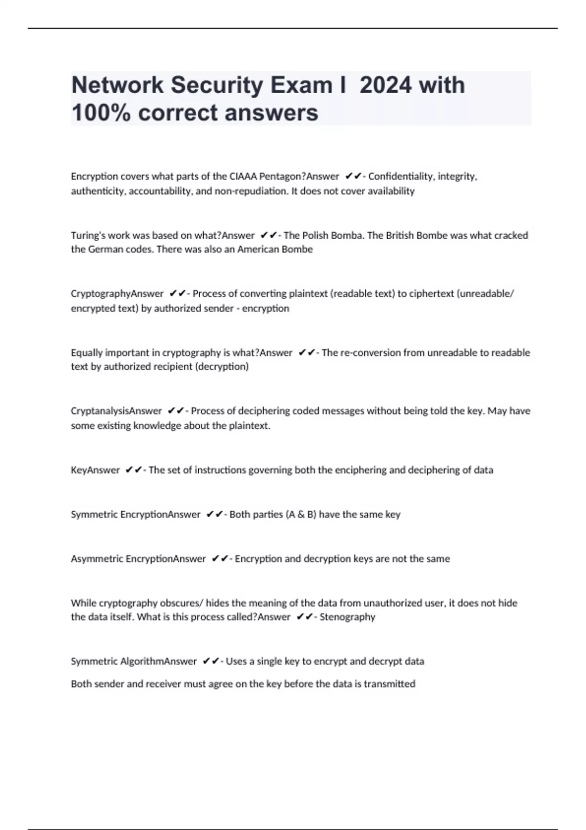 Network Security Exam I 2024 with 100% correct answers - Network Security - Stuvia US