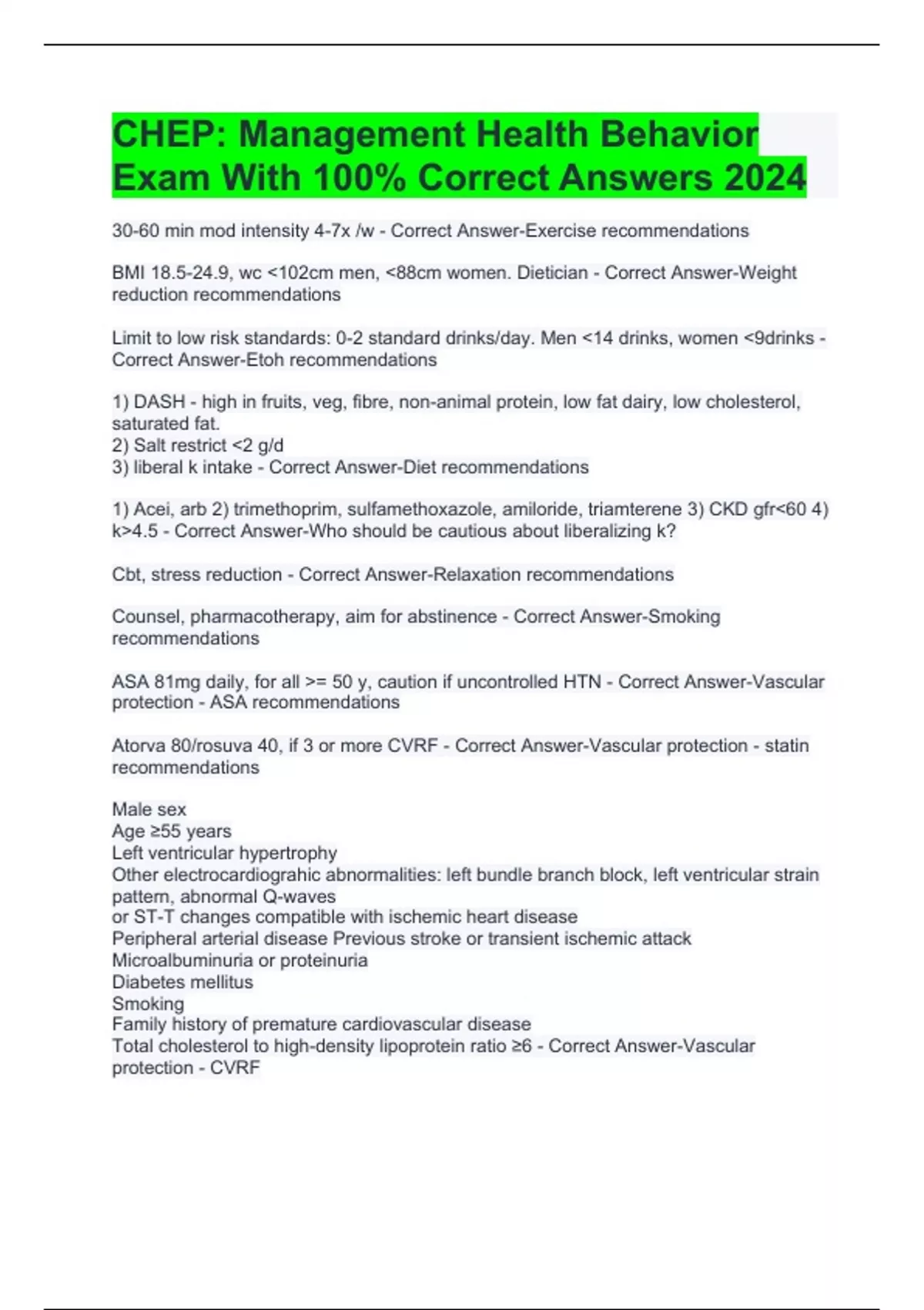 CHEP: Management Health Behavior Exam With 100% Correct Answers 2024 ...