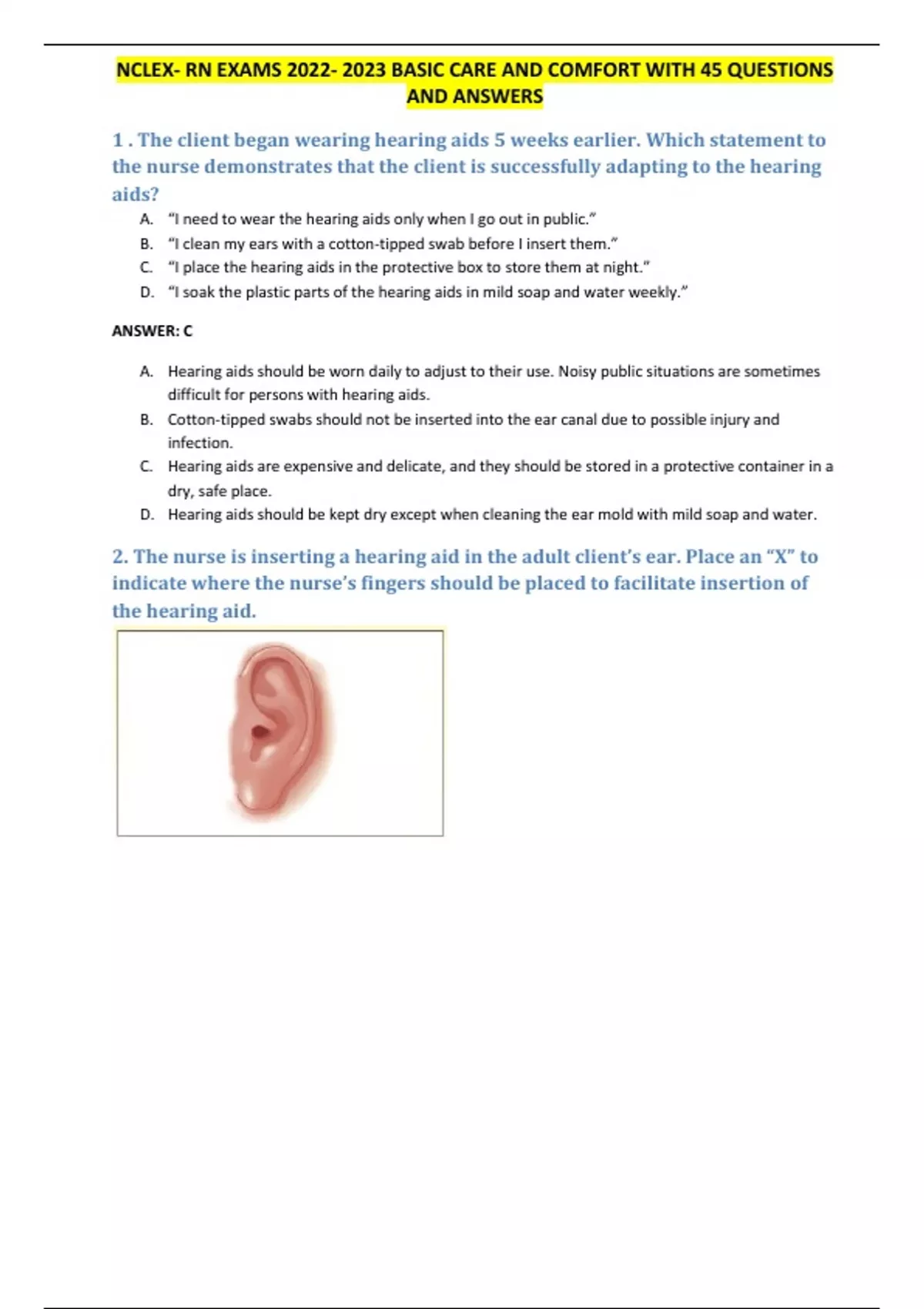 NCLEX- RN EXAMS BASIC CARE AND COMFORT WITH 45 QUESTIONS AND ANSWERS ...