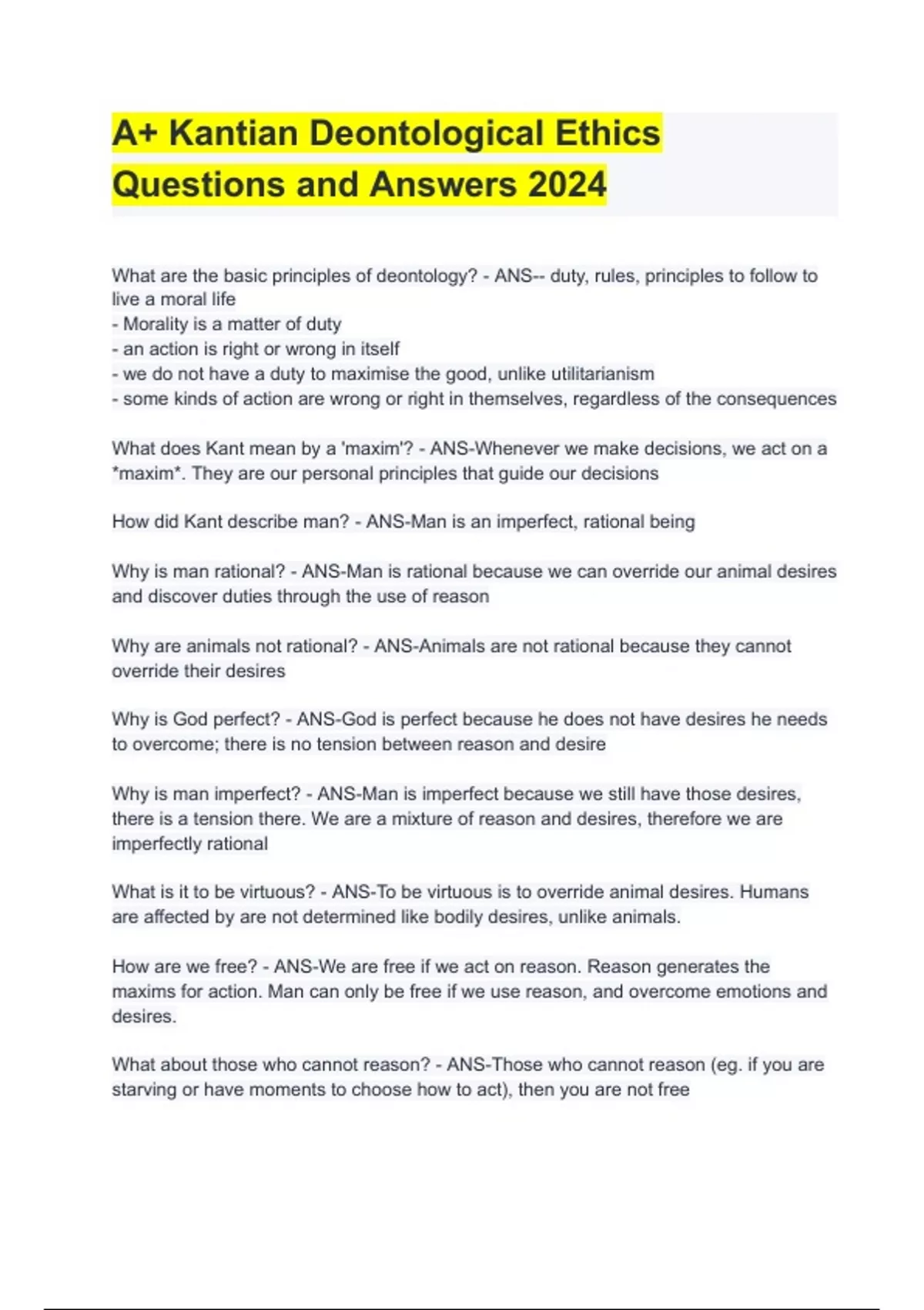 A+ Kantian Deontological Ethics Questions and Answers 2024 - Kantian Deontological Ethics ...