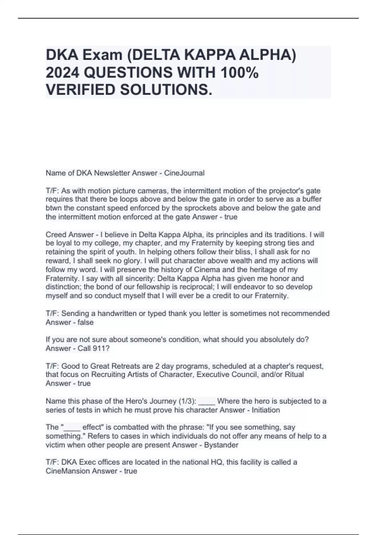 DKA Exam 2024 QUESTIONS WITH 100% VERIFIED SOLUTIONS. - DELTA KAPPA ...