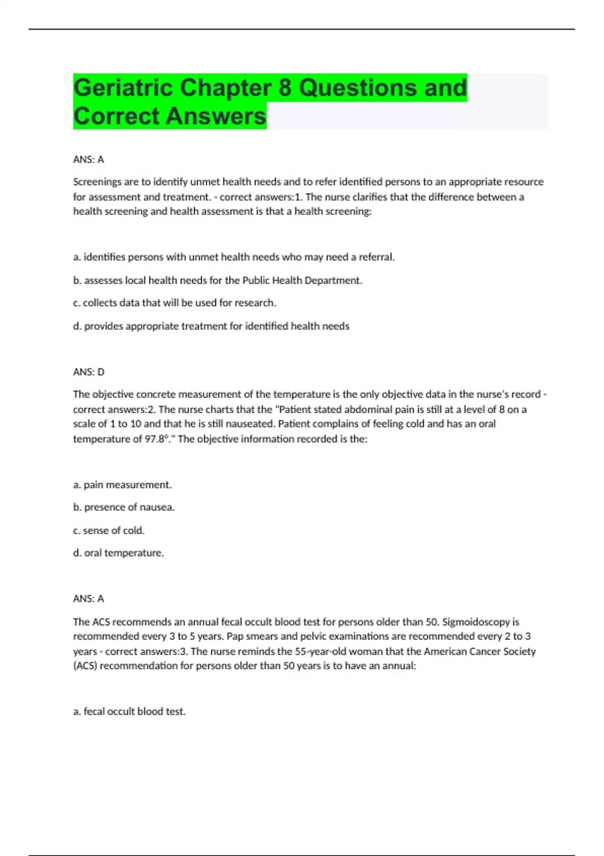 Geriatric Chapter 8 Questions and Correct Answers - Gerontologic ...