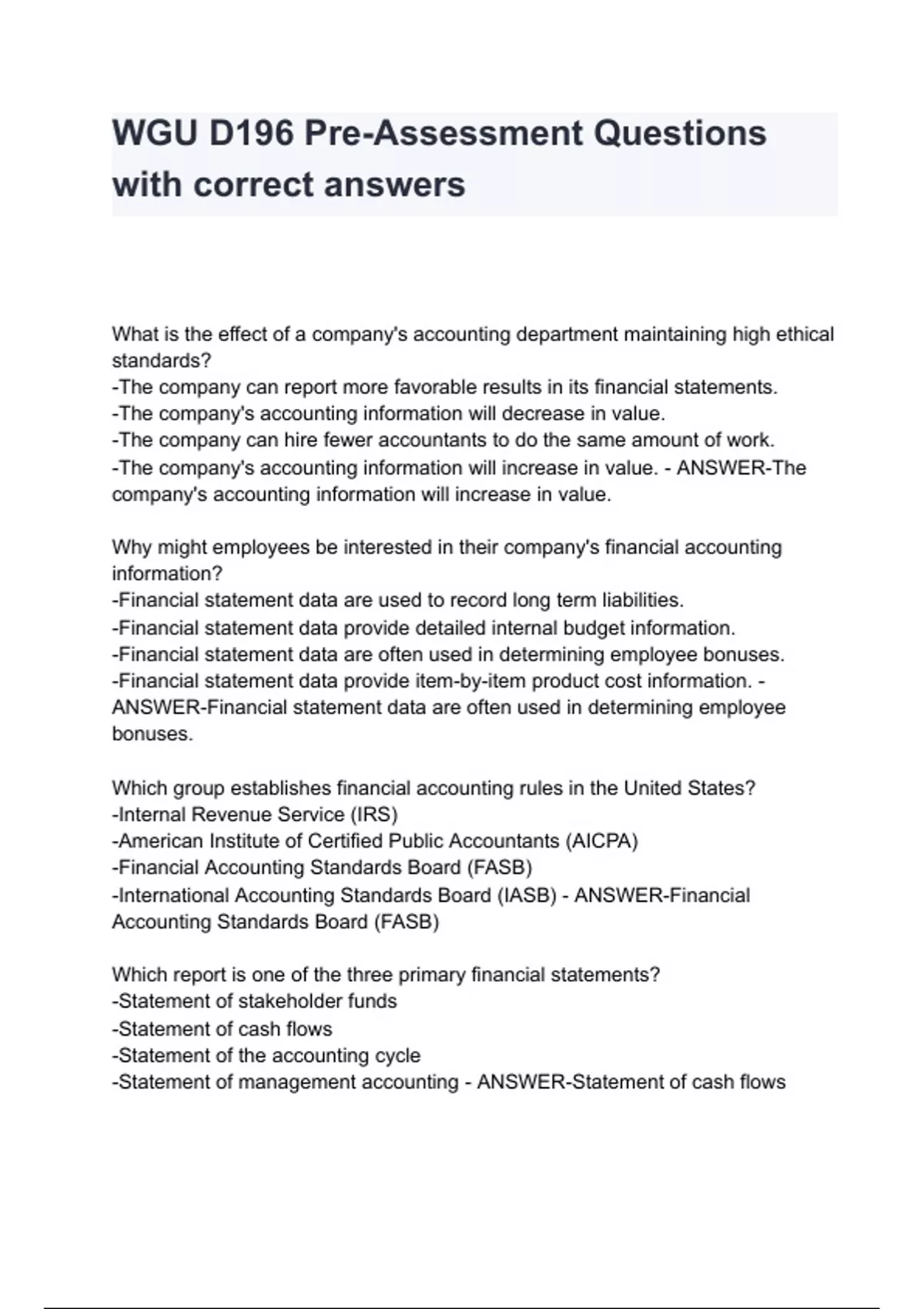 WGU D196 Pre-Assessment Questions with correct answers - WGU D196 Pre ...