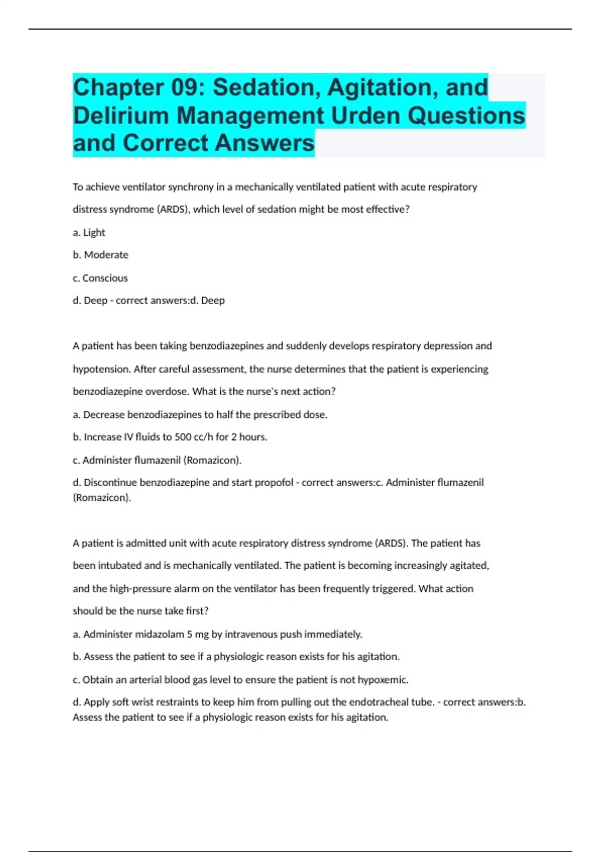 Chapter 09 Sedation, Agitation, and Delirium Management Urden Questions and Correct ...