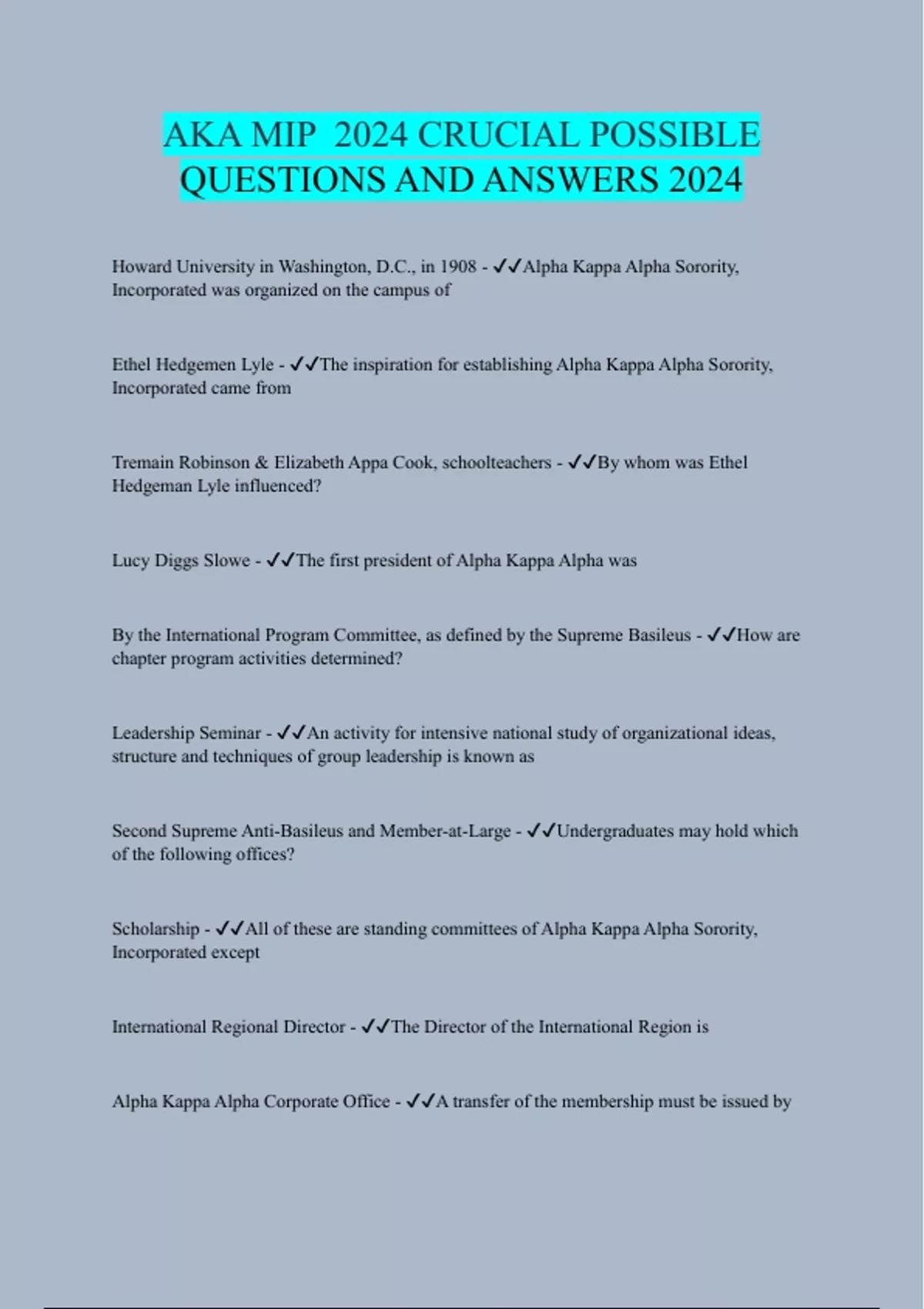 AKA MIP 2024 CRUCIAL POSSIBLE QUESTIONS AND ANSWERS 2024 - AKA MIP - Stuvia US