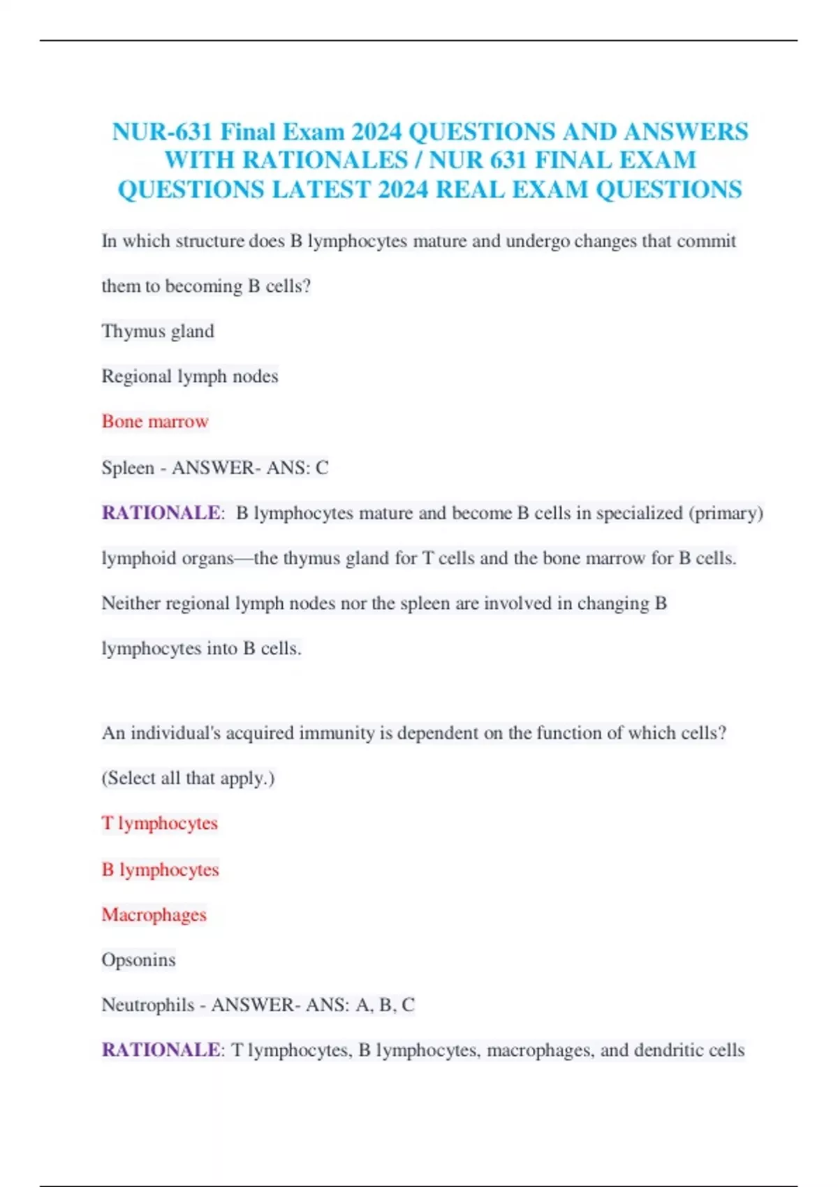 NUR-631 Final Exam 2024 QUESTIONS AND ANSWERS WITH RATIONALES / NUR 631 ...
