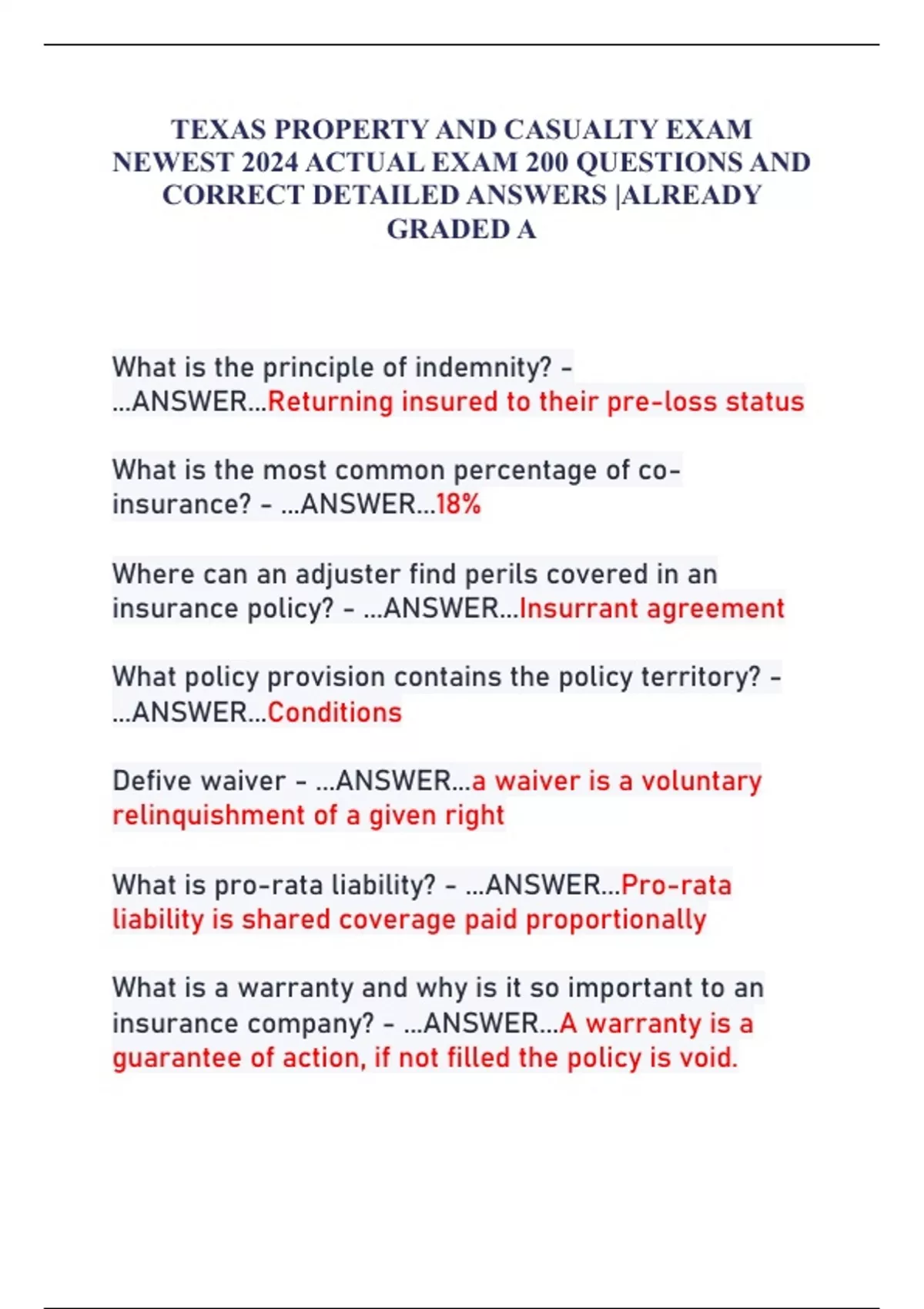 TEXAS PROPERTY AND CASUALTY EXAM AND PRACTICE QUESTIONS NEWEST 2024 ...