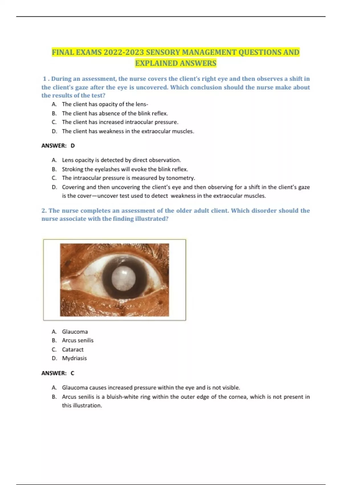 FINAL EXAMS SENSORY MANAGEMENT QUESTIONS AND EXPLAINED ANSWERS ...