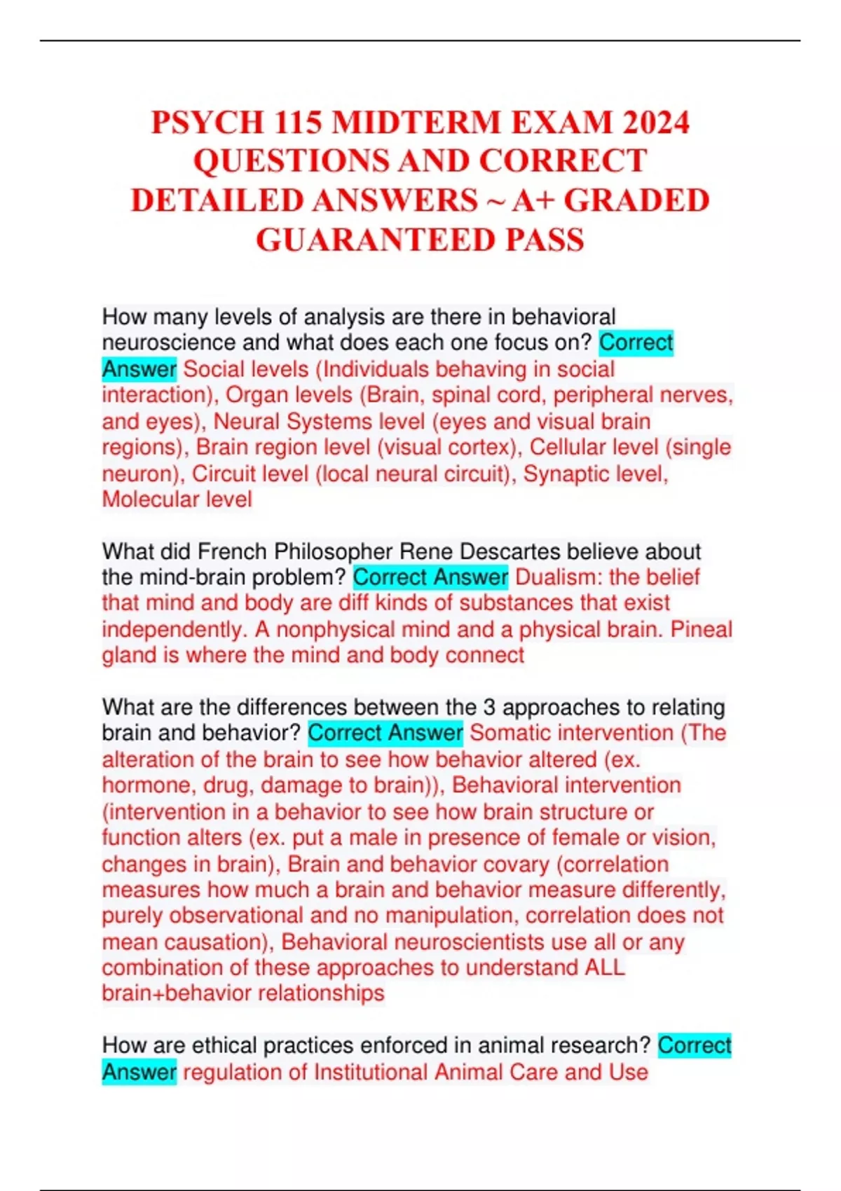 PSYCH 115 QUIZZES, MIDTERM AND FINAL EXAM TESTS 2024 - Stuvia US