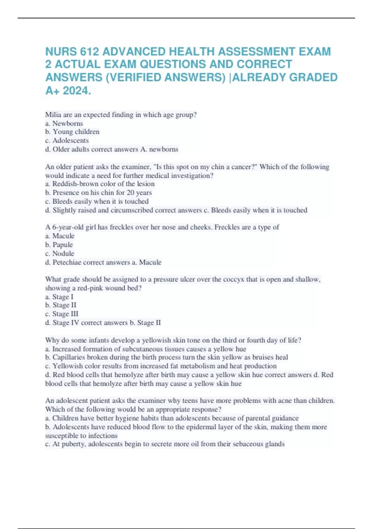 NURS 612 ADVANCED HEALTH ASSESSMENT EXAM 2 ACTUAL EXAM QUESTIONS AND ...