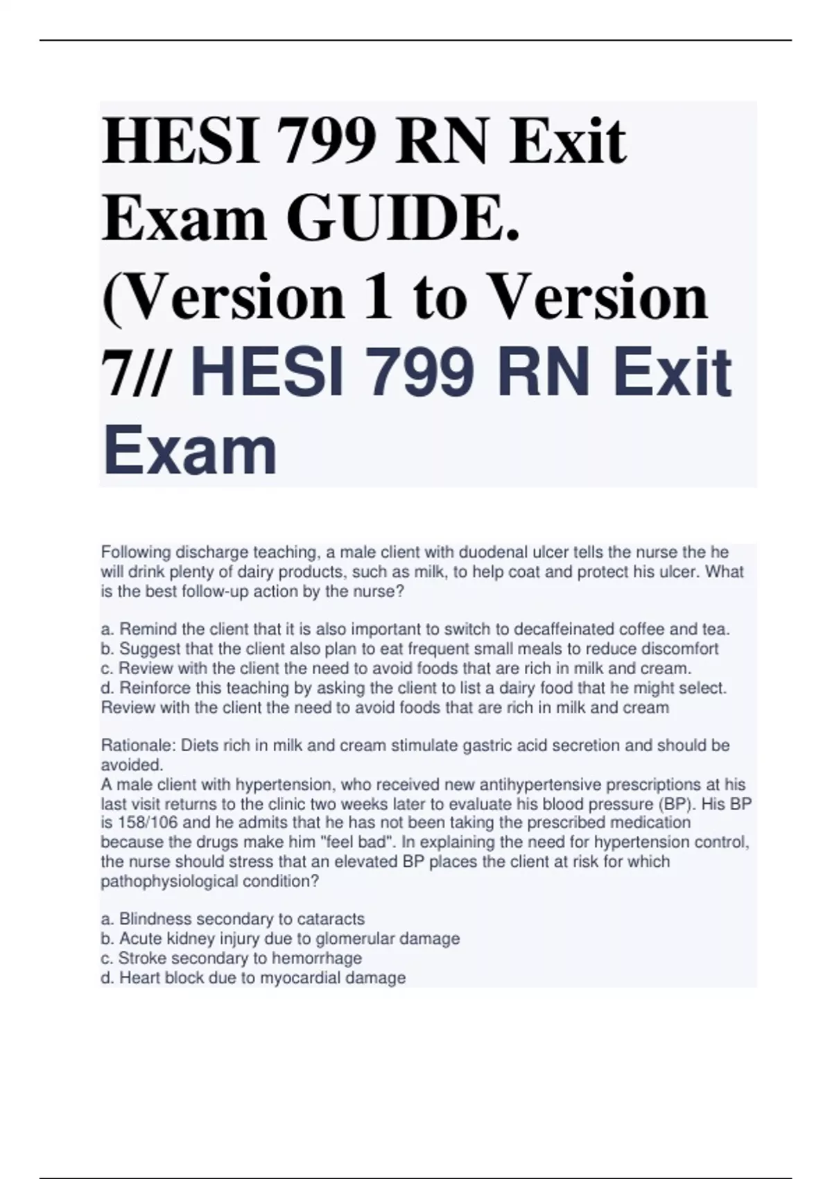 UPDATED LATEST HESI 799 RN Exit Exam GUIDE. (Version 1 to Version 7 ...