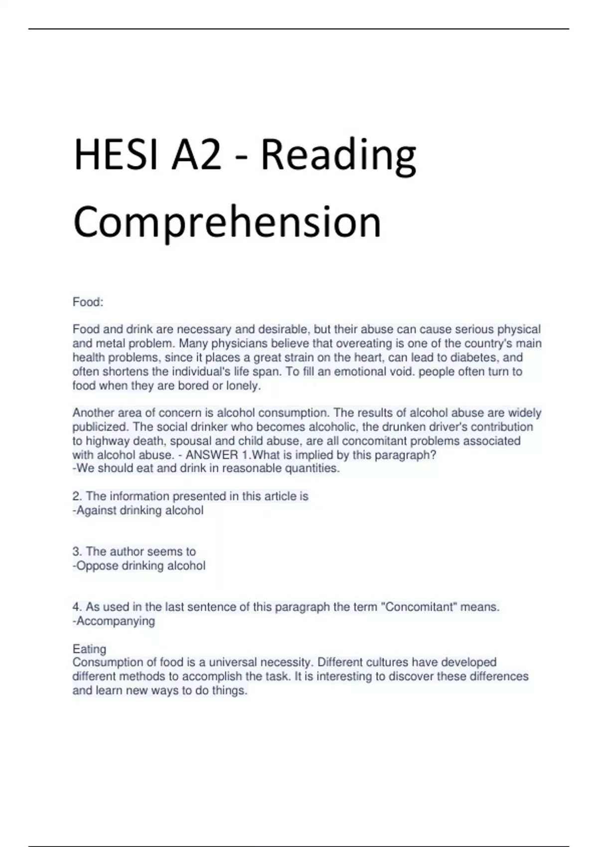 UPDATED HESI A2 - Reading Comprehension - HESI A2 - Reading ...