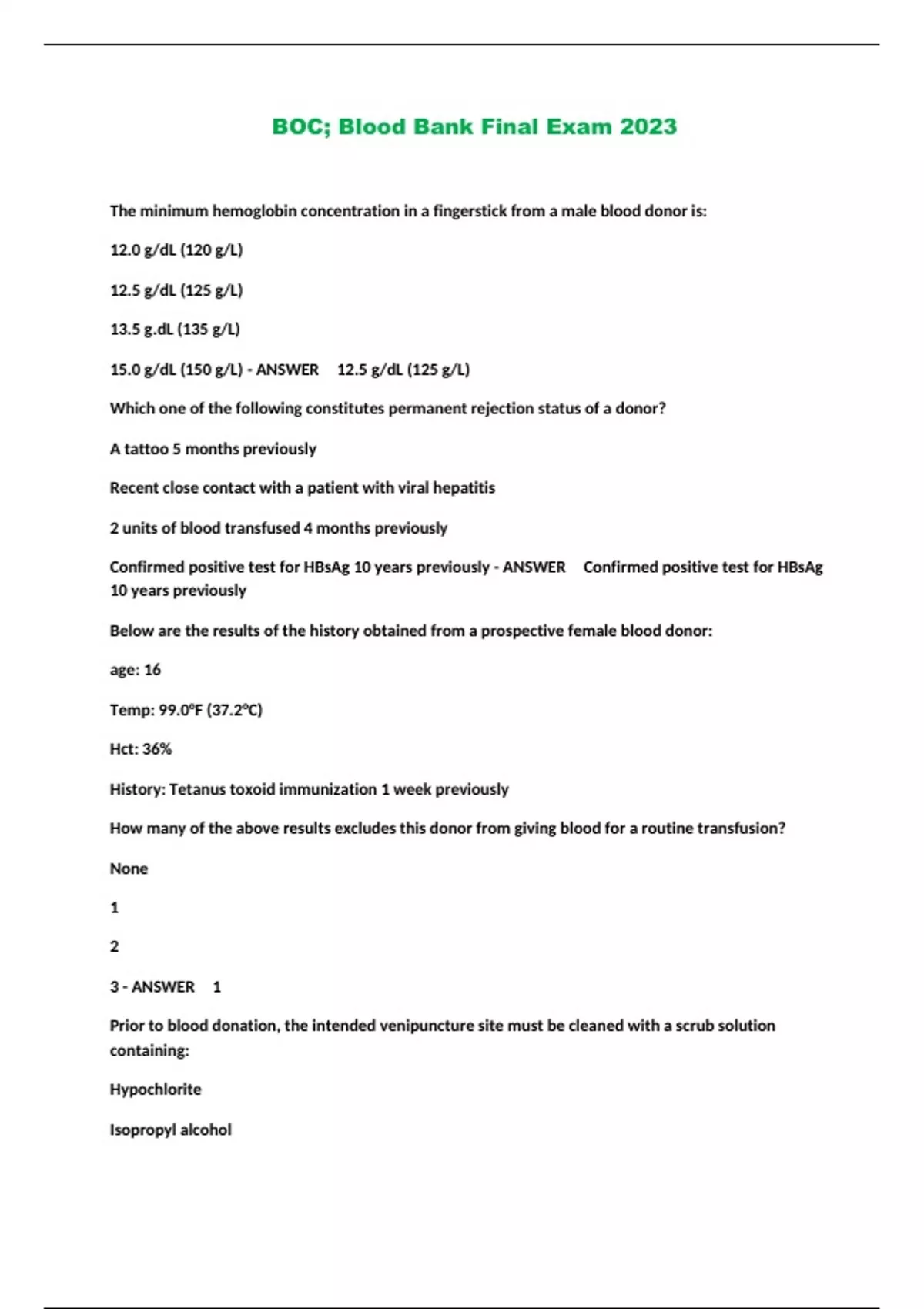 BOC Blood Bank Final Exam 2023/2024 with Answers - Biology - Stuvia US