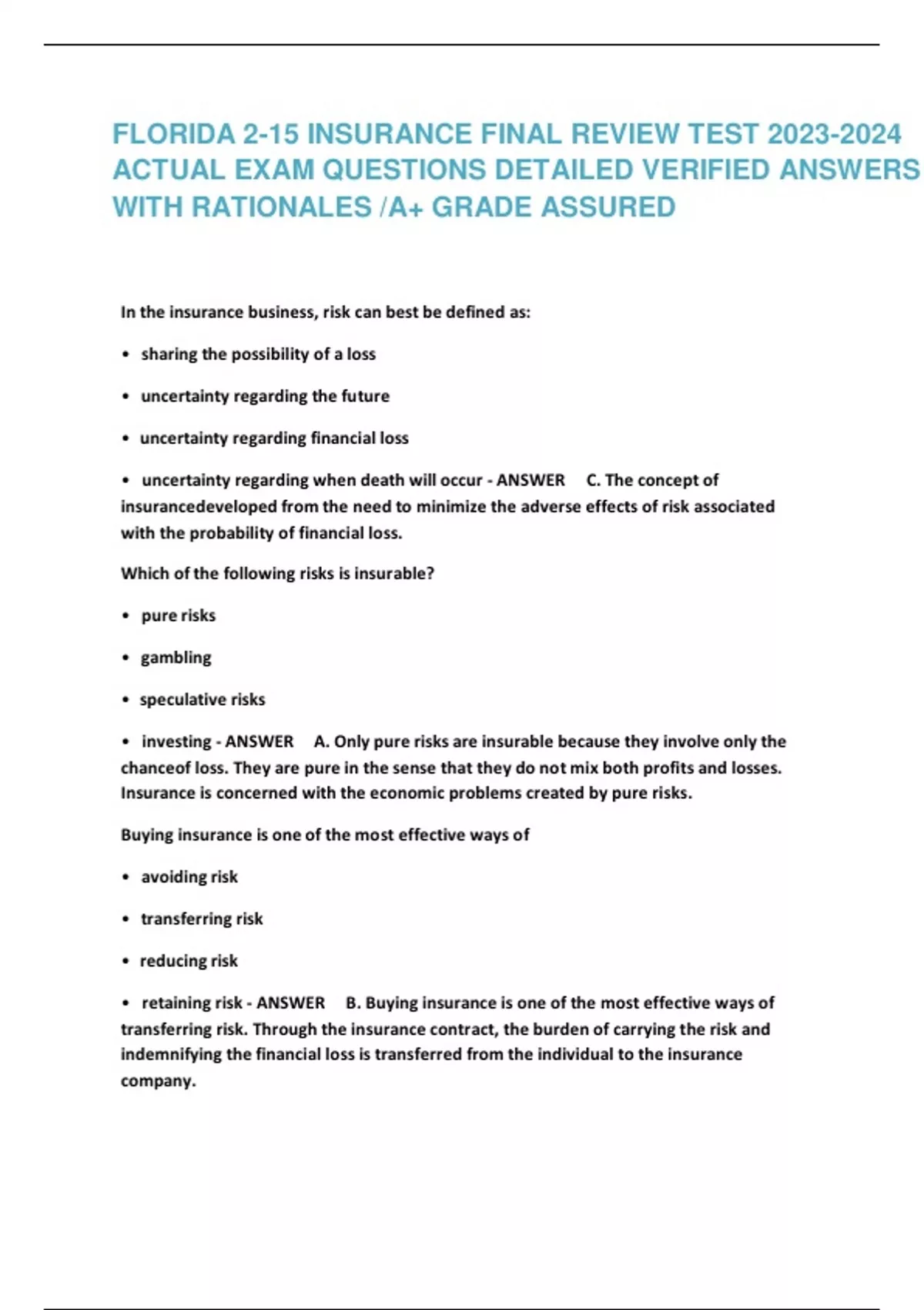 FLORIDA 2-15 INSURANCE FINAL REVIEW TEST ACTUAL EXAM QUESTIONS DETAILED ...