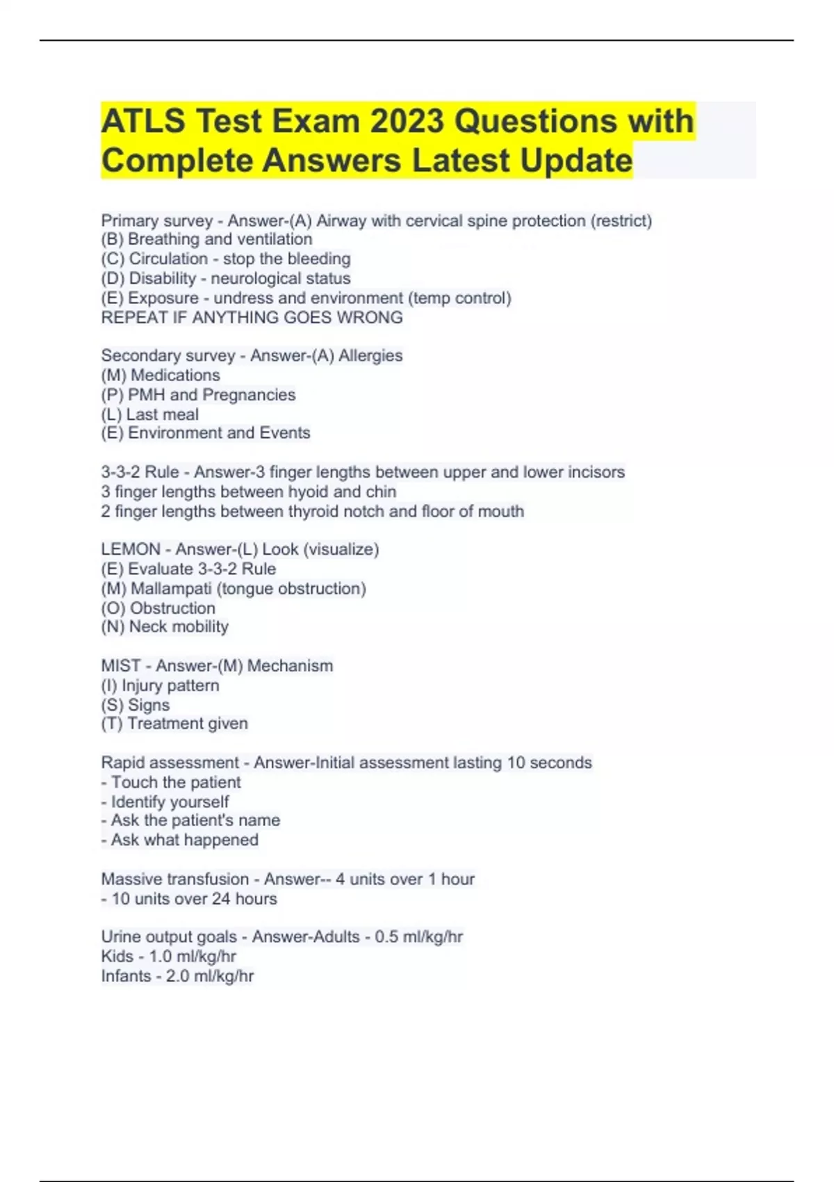 ATLS Test Exam 2023 Questions with Complete Solutions - ATLS - Stuvia UK