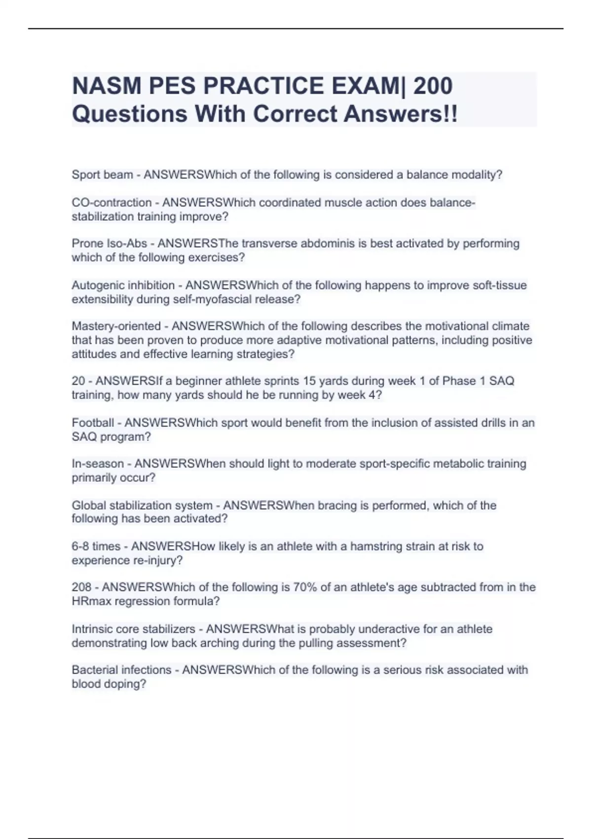 NASM PES PRACTICE EXAM| 200 Questions With Correct Answers!! - NASM PES ...