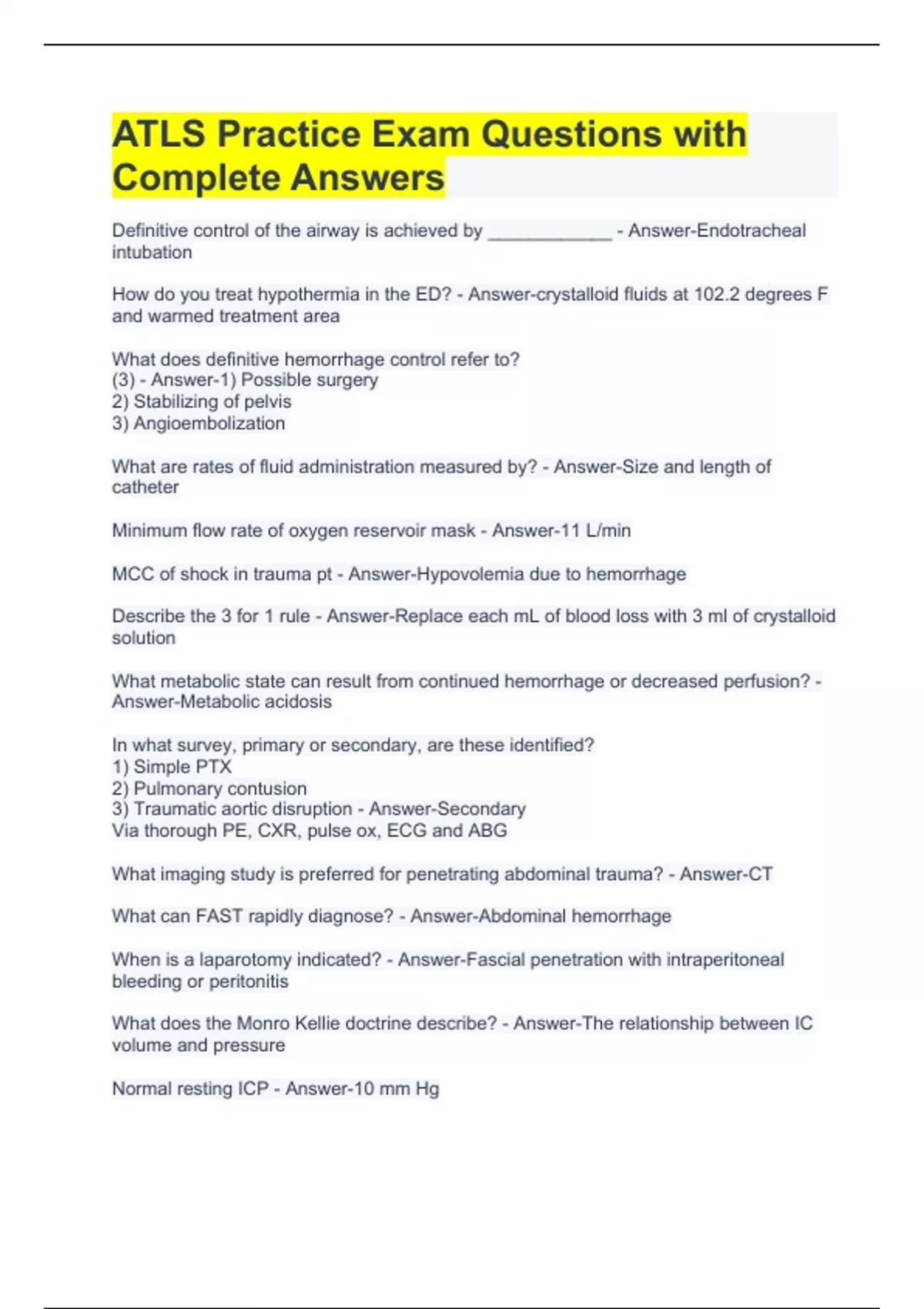 ATLS Practice Exam Questions with Complete Solutions - ATLS - Stuvia UK