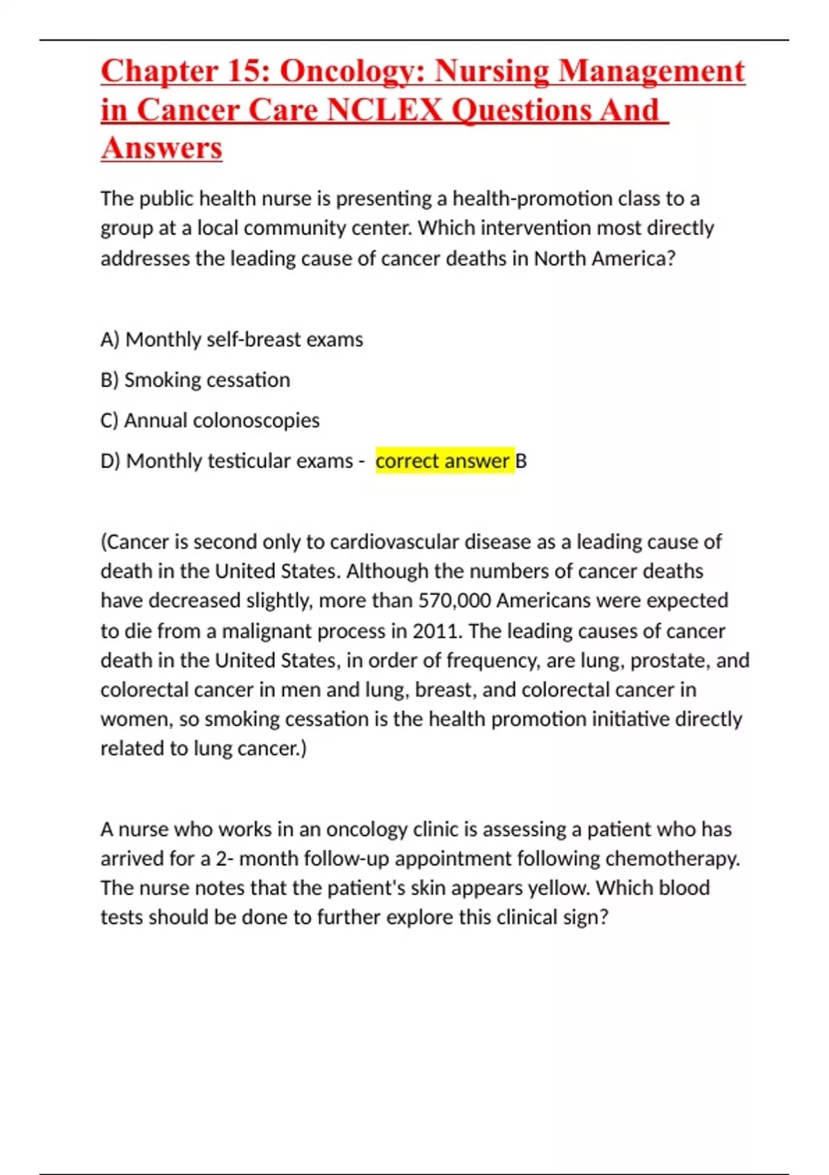 Chapter 15: Oncology: Nursing Management in Cancer Care NCLEX Questions ...