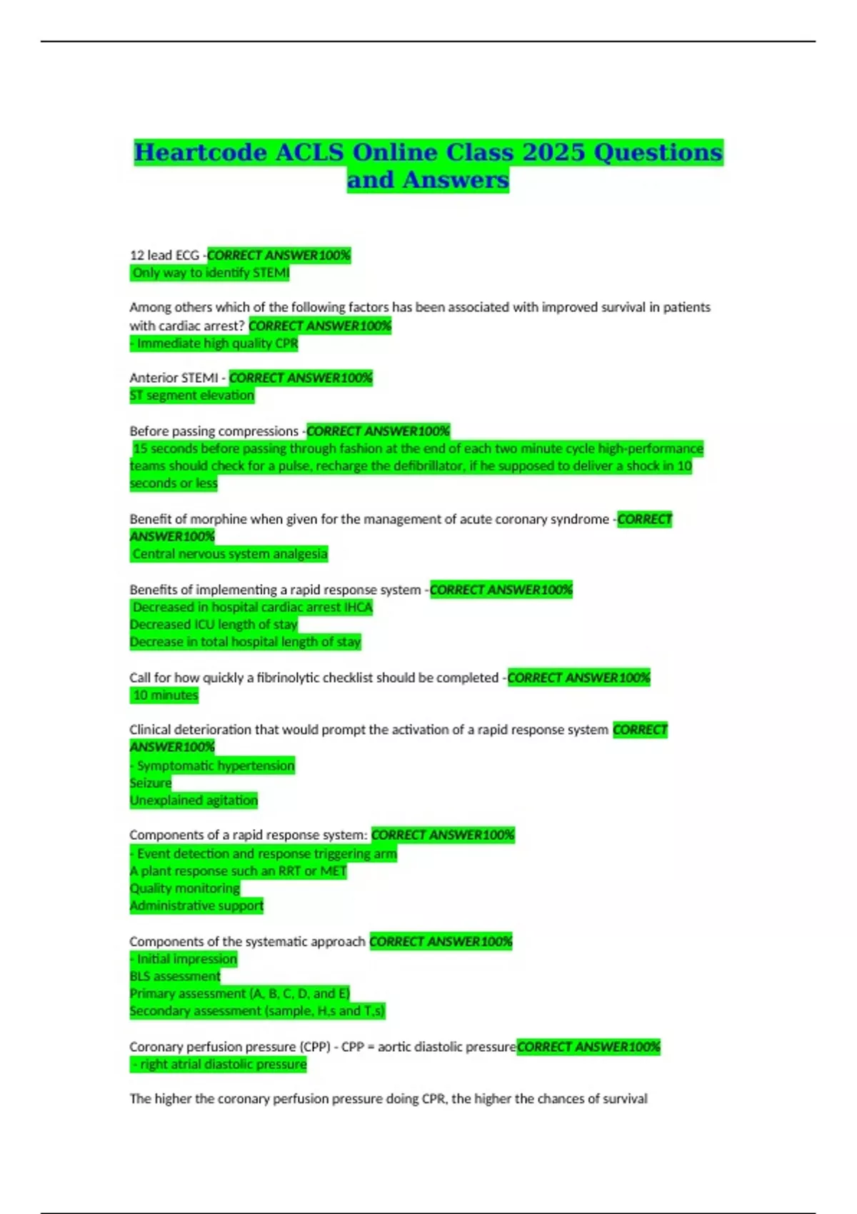 Heartcode ACLS Online Class 2025 Questions and Answers - Acls - Stuvia US