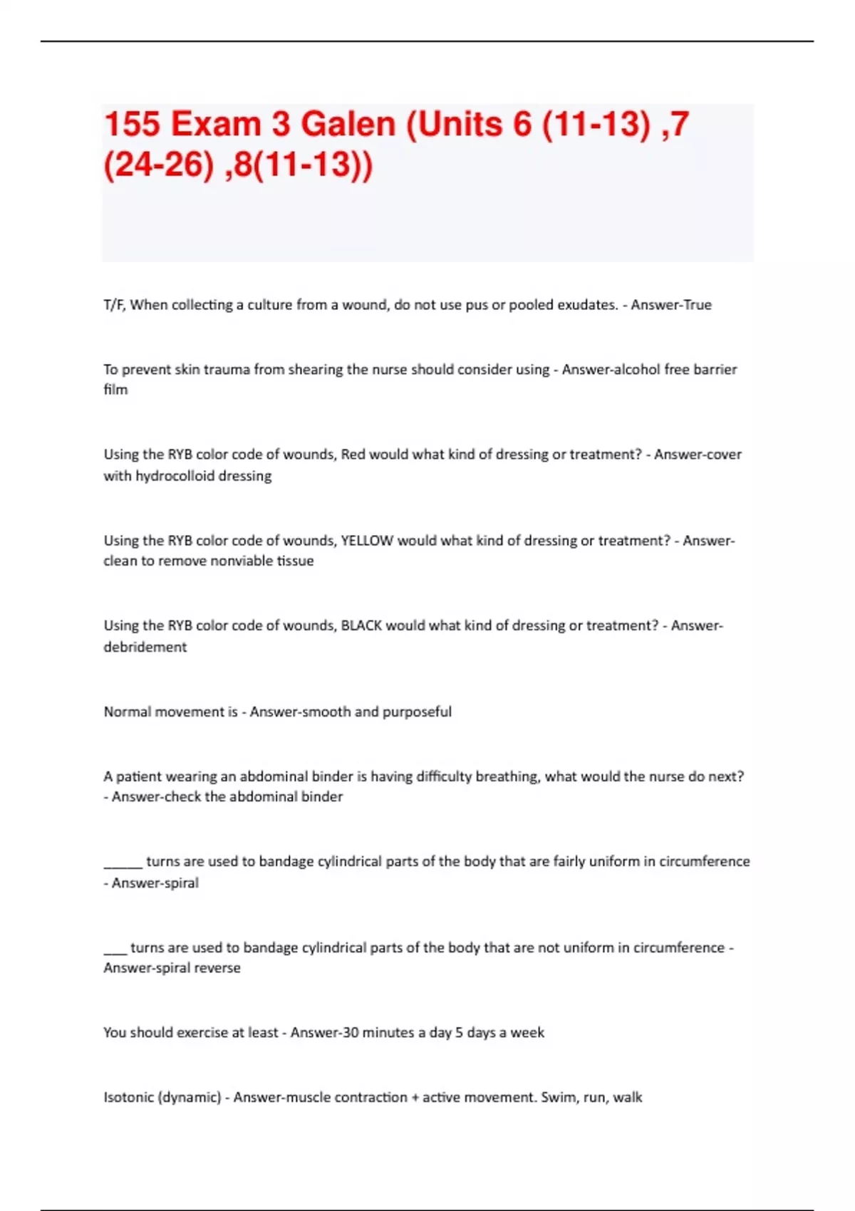 155 Exam 3 Galen (Units 6 (11-13) ,7 (24-26) ,8(11-13)) Questions and ...