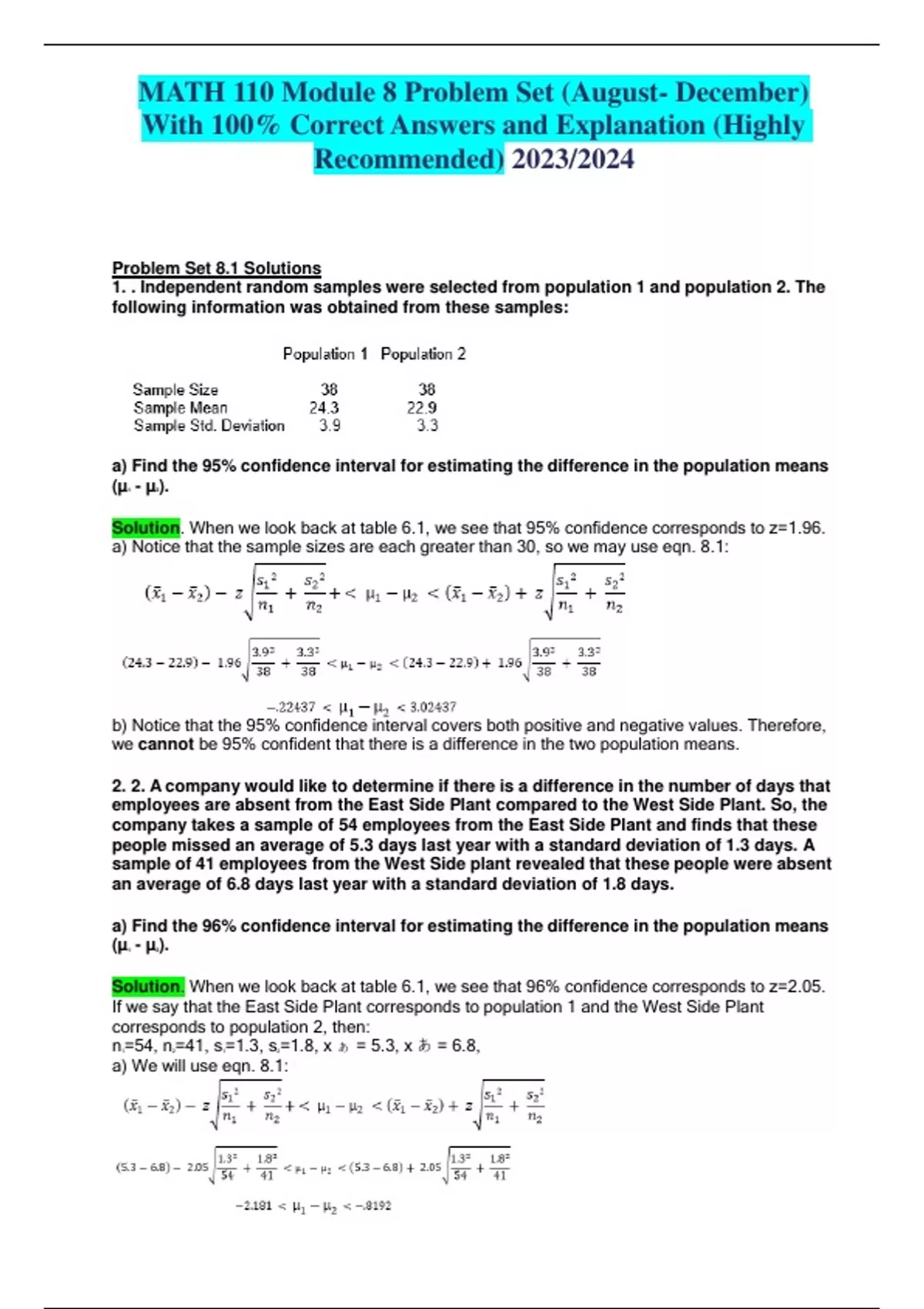 MATH 110 Module 8 Problem Set (August- December) With 100% Correct ...