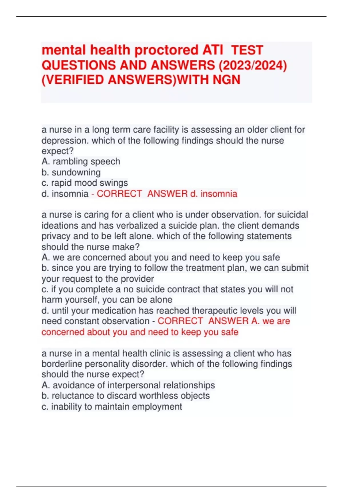 mental health proctored ATI TEST QUESTIONS AND ANSWERS (2023/2024 ...