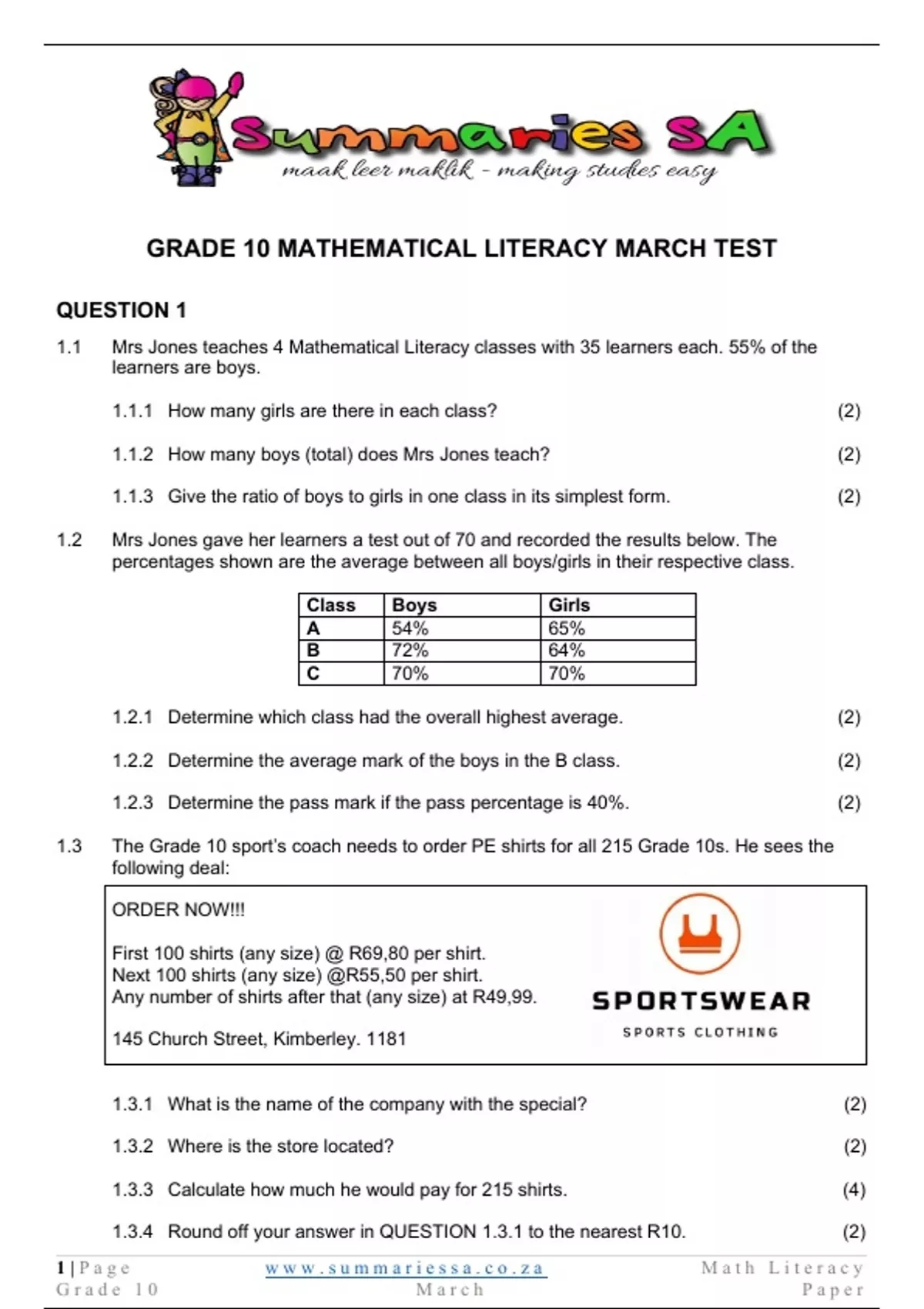 Grade 10 Mathematical Literacy (MATH LIT) March Paper and Memo - 2024 - Mathematics - Stuvia SA