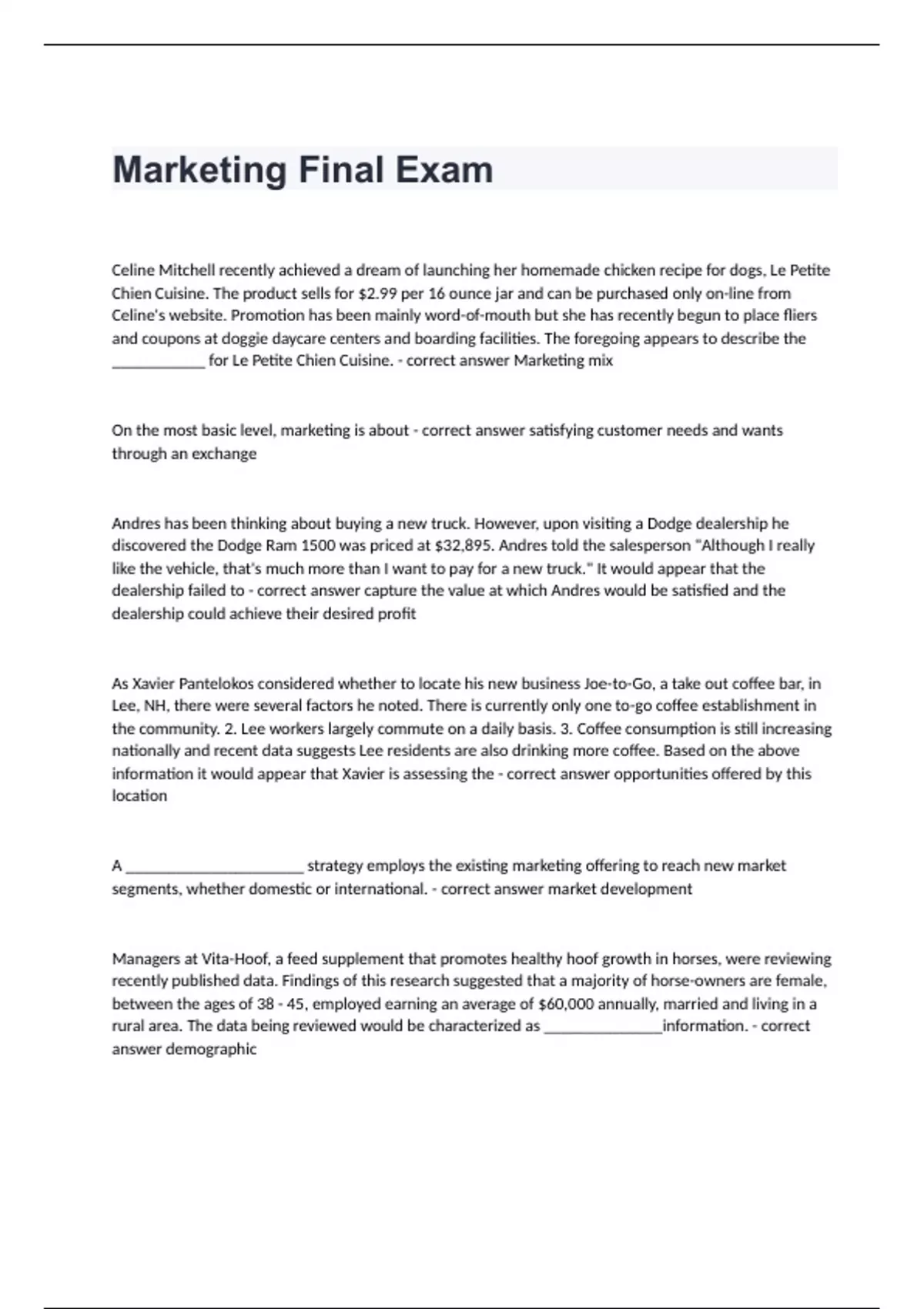 Marketing Final Exam 2024 QUESTIONS AND VERIFIED CORRECT ANSWERS - CMP ...