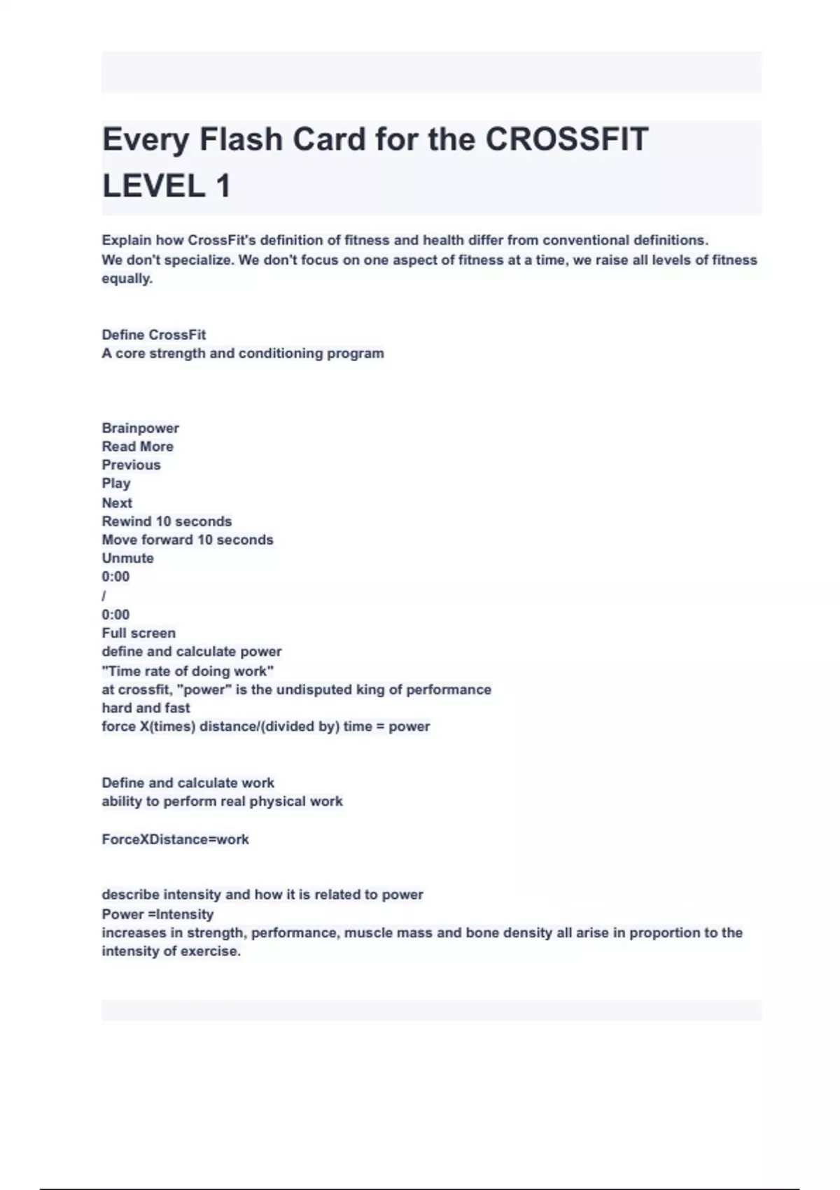 Every Flash Card for the CROSSFIT LEVEL 1 Questions with complete ...