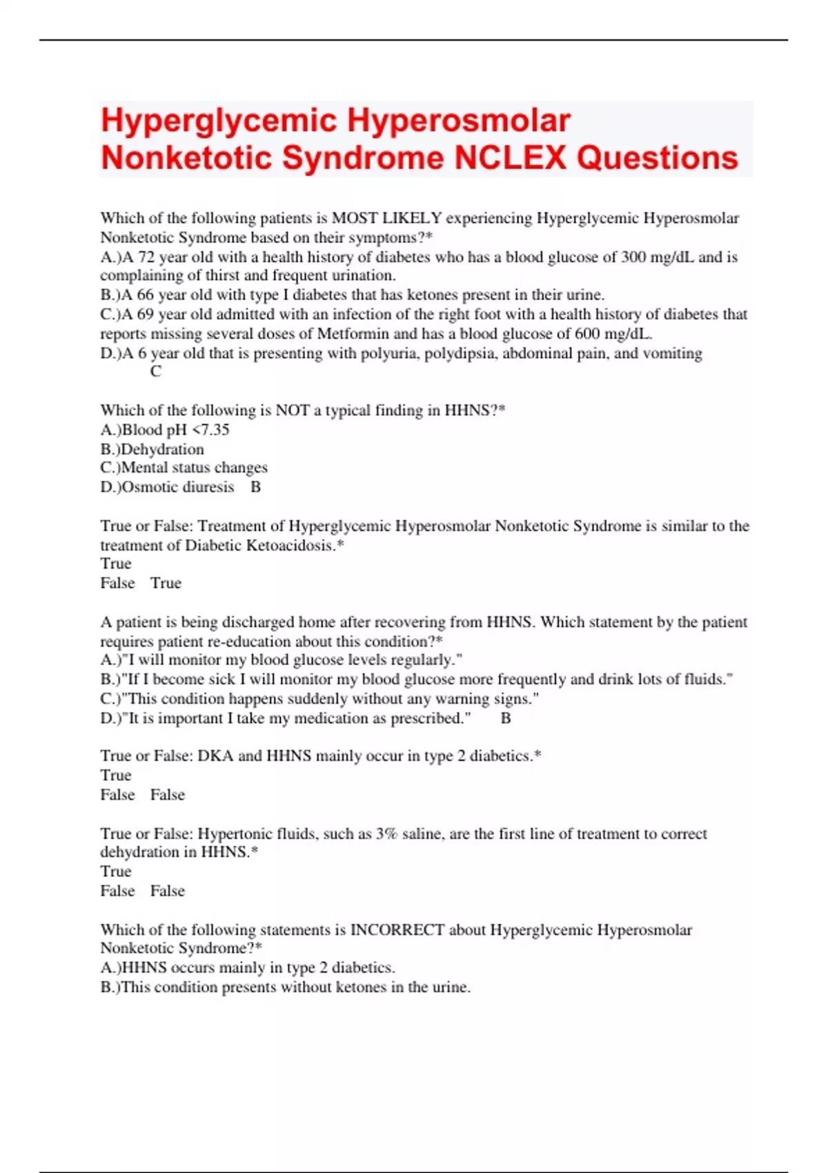 Hyperglycemic Hyperosmolar Nonketotic Syndrome NCLEX Questions ...