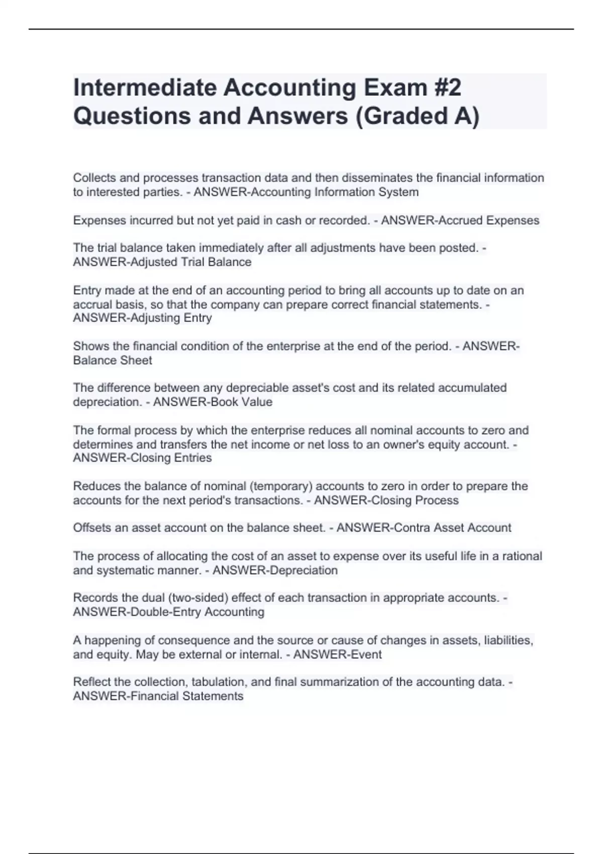 Intermediate Accounting Exam #2 Questions and Answers (Graded A ...