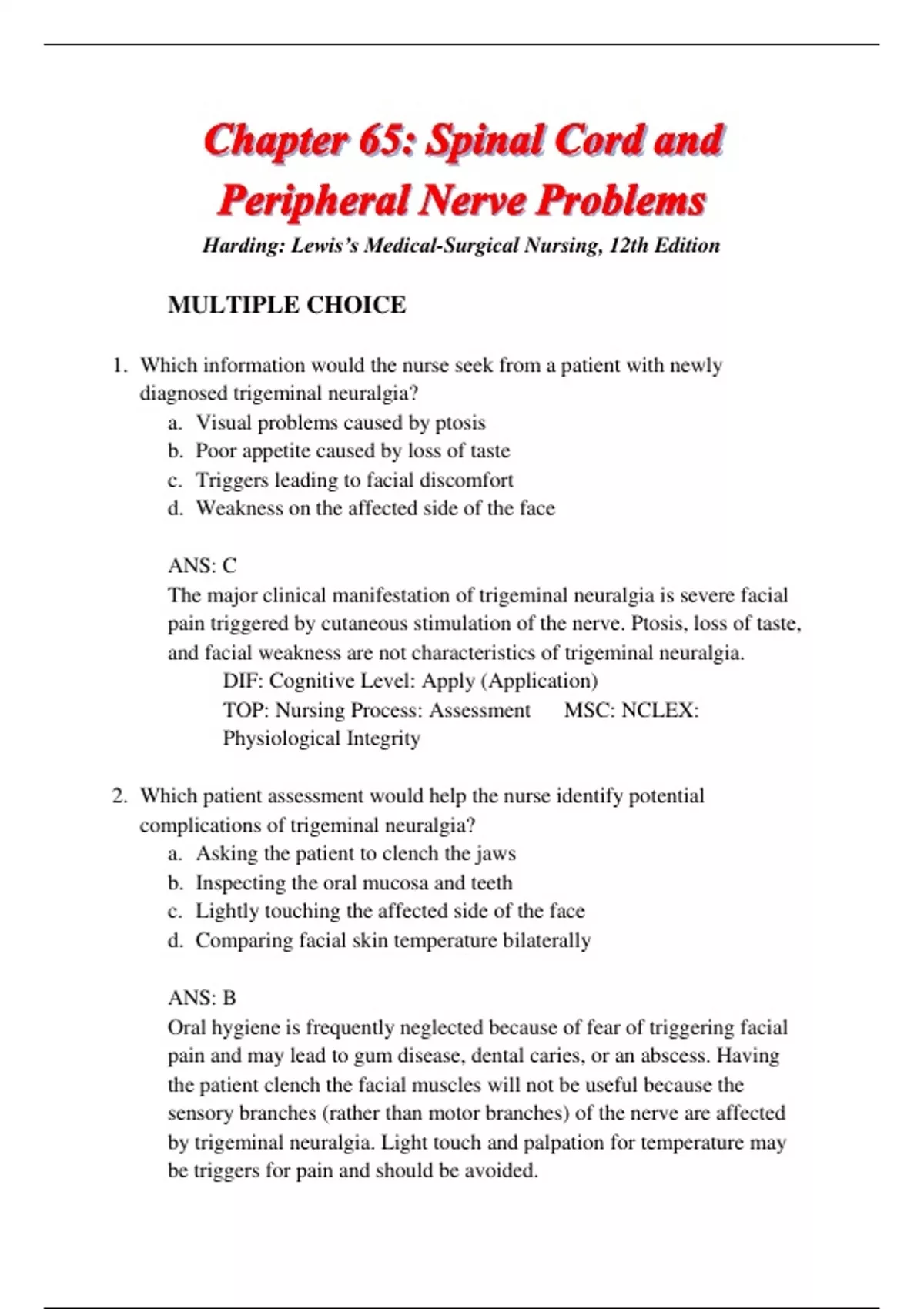 Chapter 65: Spinal Cord and Peripheral Nerve Problems |Harding: Lewis’s ...