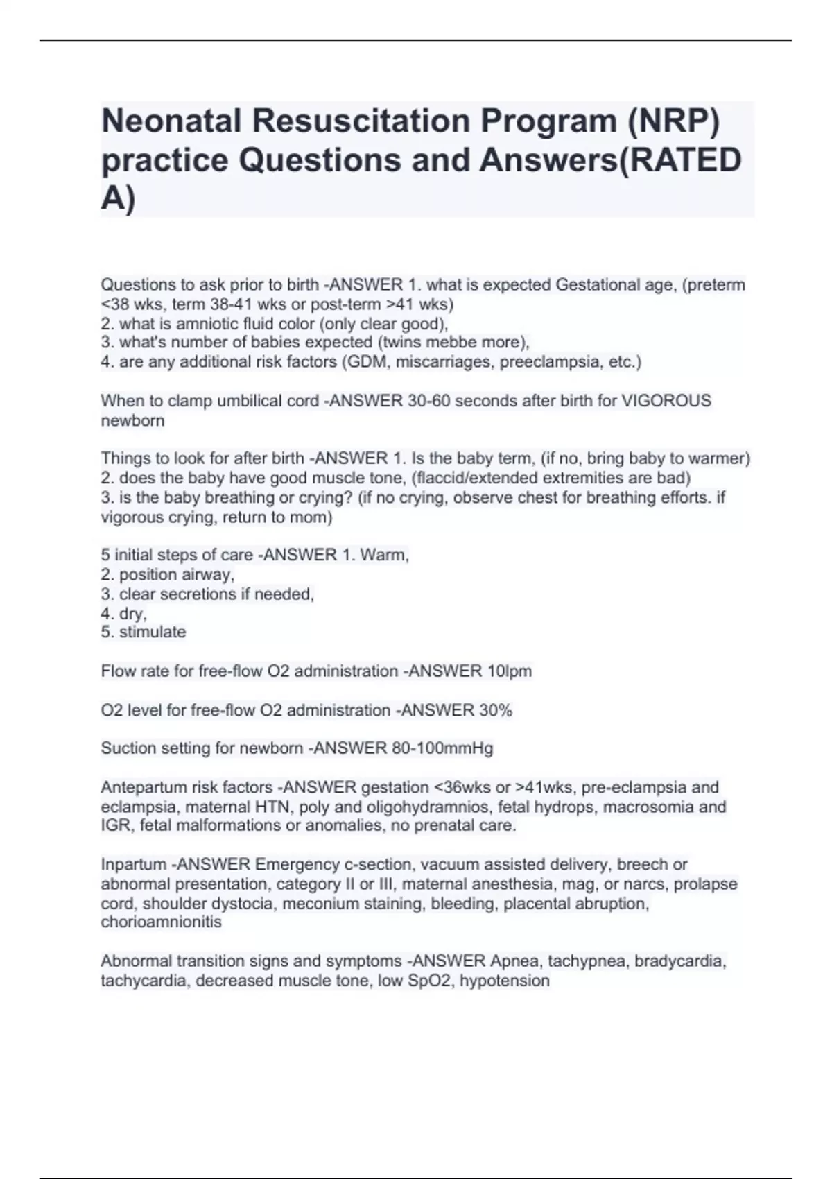 Neonatal Resuscitation Program (NRP) practice Questions and Answers(RATED A) - Neonatal ...