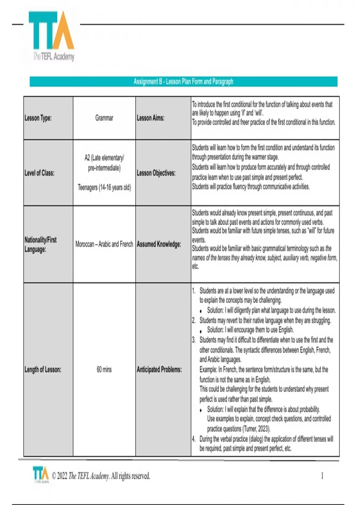 The TEFL Academy (Level 5 TEFL Course) – Assignment B – Lesson plan (Pass) - TEFL Academy Level ...