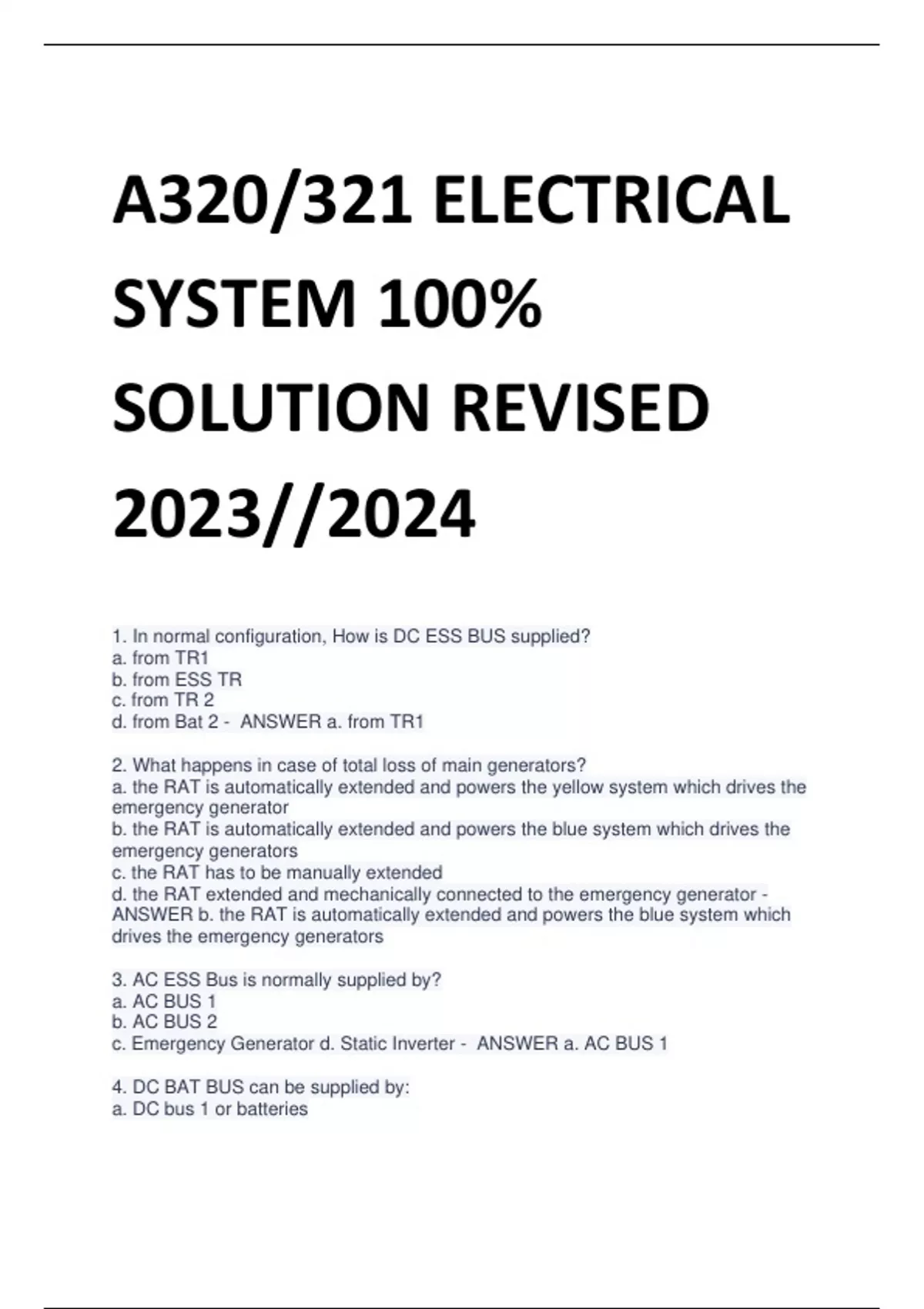 A320/321 ELECTRICAL SYSTEM 100% SOLUTION REVISED 2023//2024 - A320/321 ELECTRICAL - Stuvia US