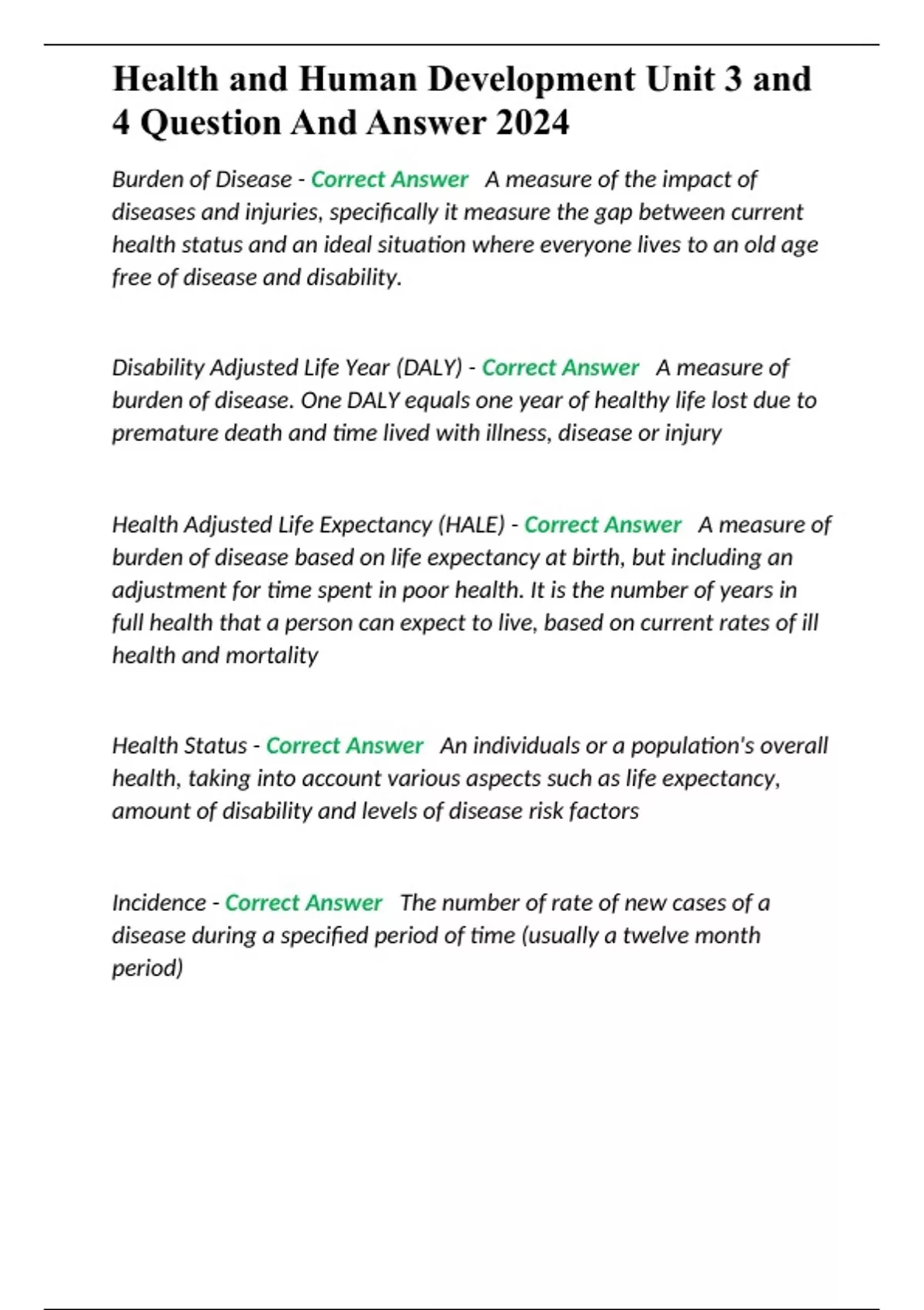 Health and Human Development Unit 3 and 4 Question And Answer 2024 ...