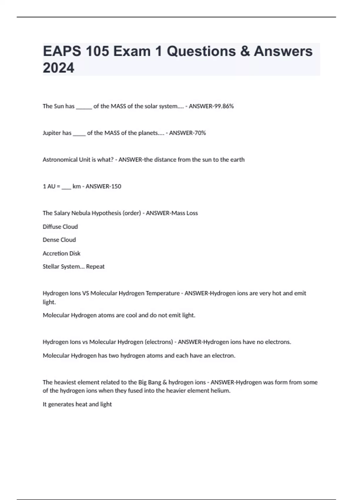 EAPS 105 Exam 1 Questions & Answers 2024 - EAPS 105 - Stuvia US