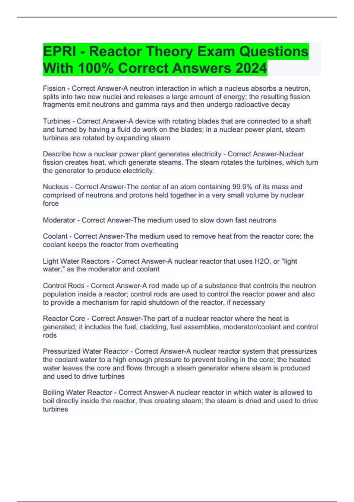 EPRI - Reactor Theory Exam Questions With 100% Correct Answers 2024 ...