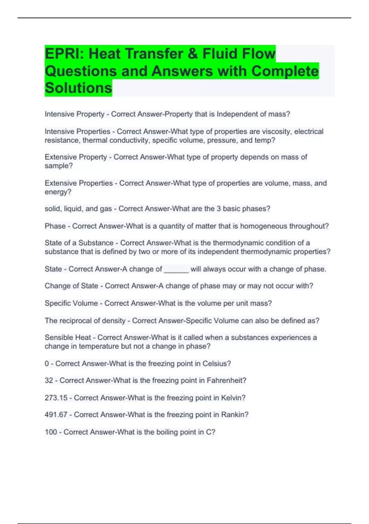 EPRI: Heat Transfer & Fluid Flow Questions and Answers with Complete ...