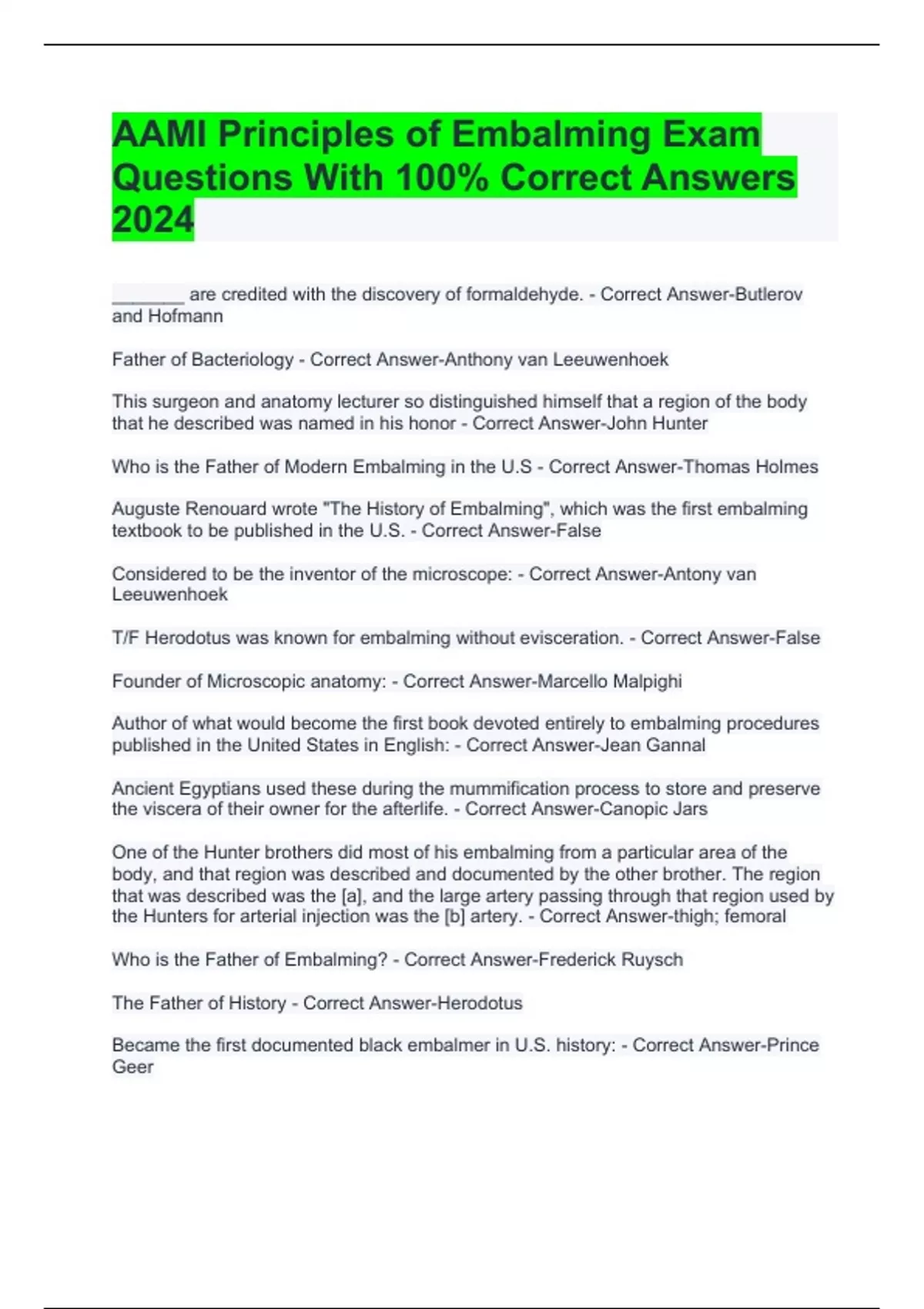 AAMI Principles of Embalming Exam Questions With 100% Correct Answers ...